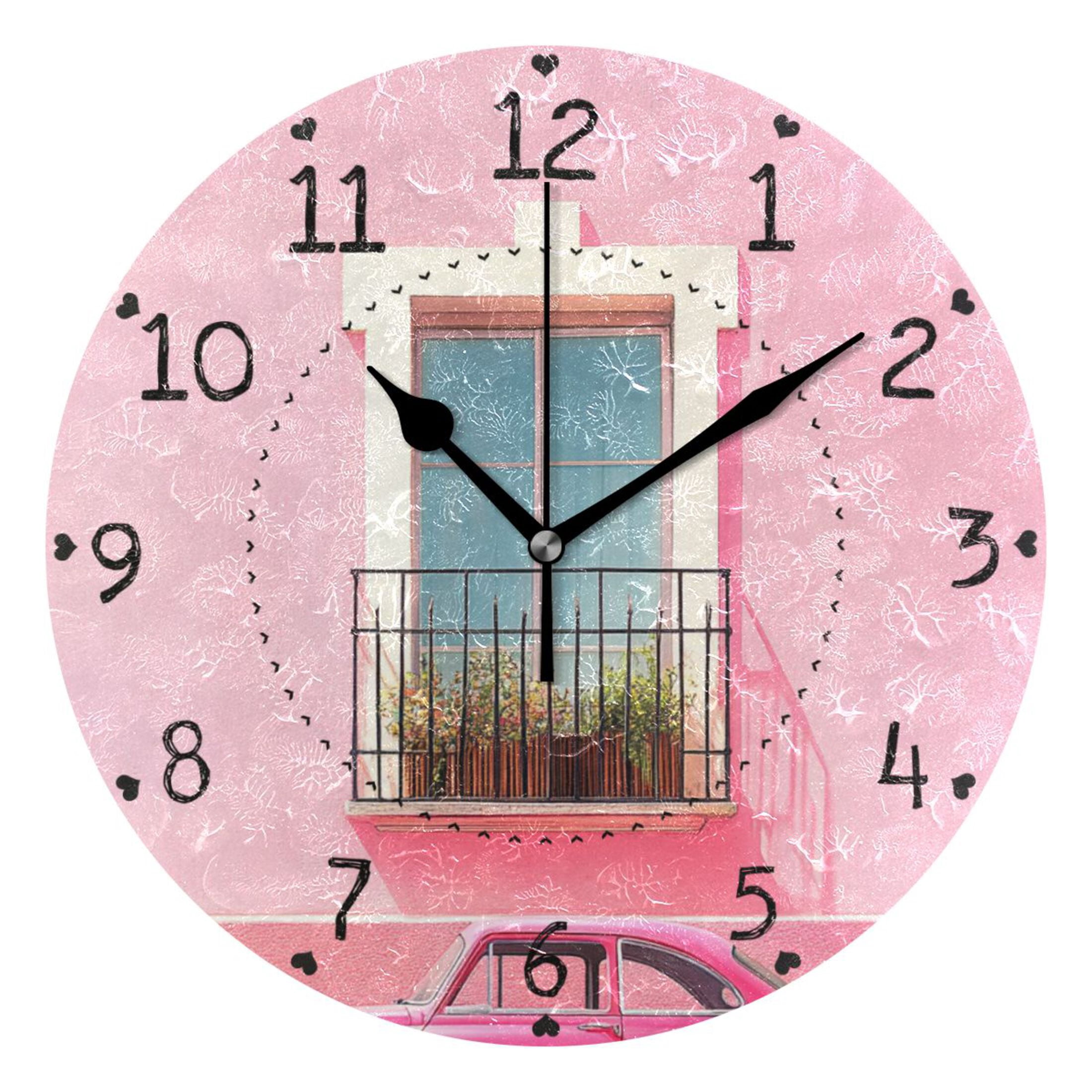 Pink Wall and Car Round Wall Clock Silent Battery Operated Home Decor ...