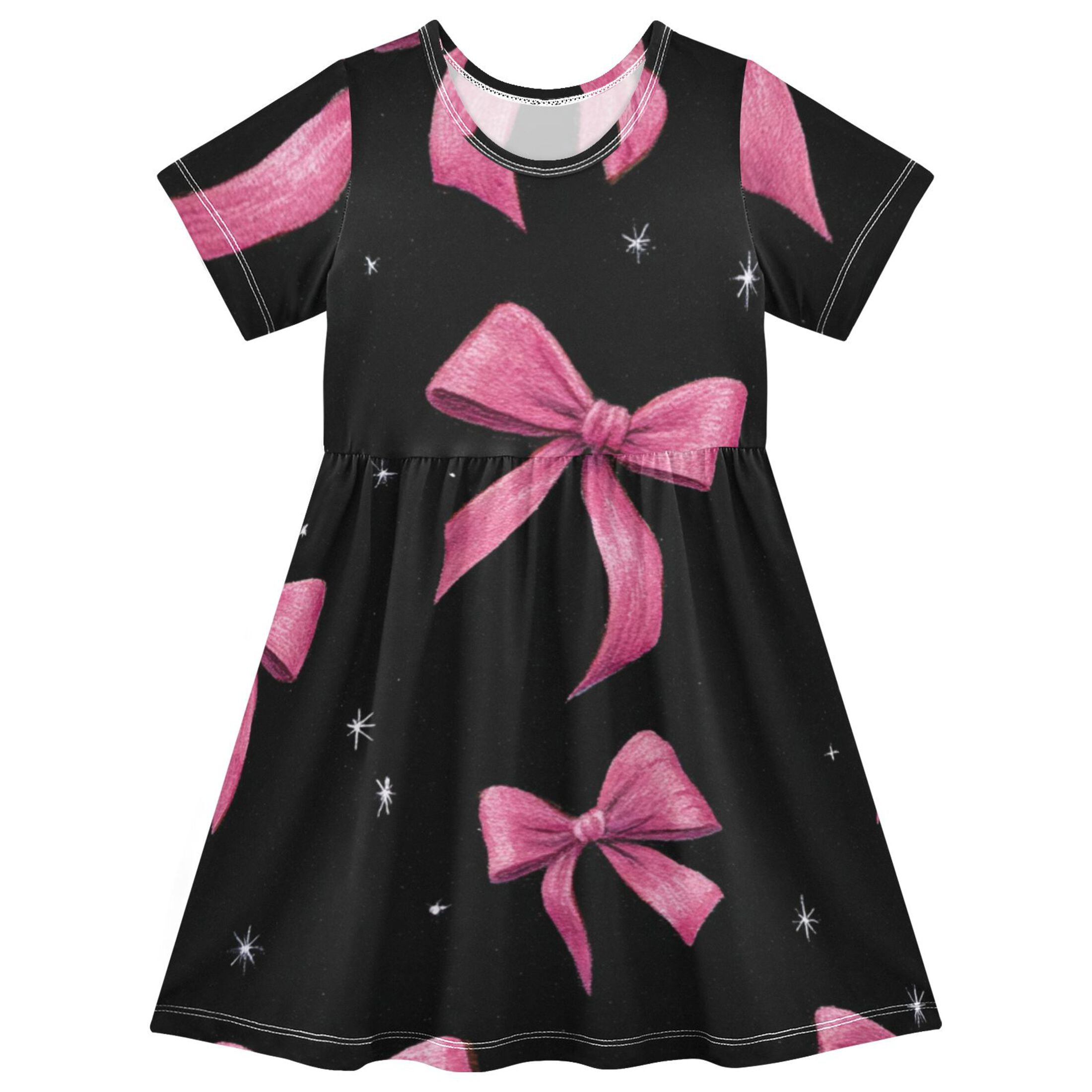 Pink Watercolor Bows Stars Black Background Girls' Short Sleeve Dress A ...
