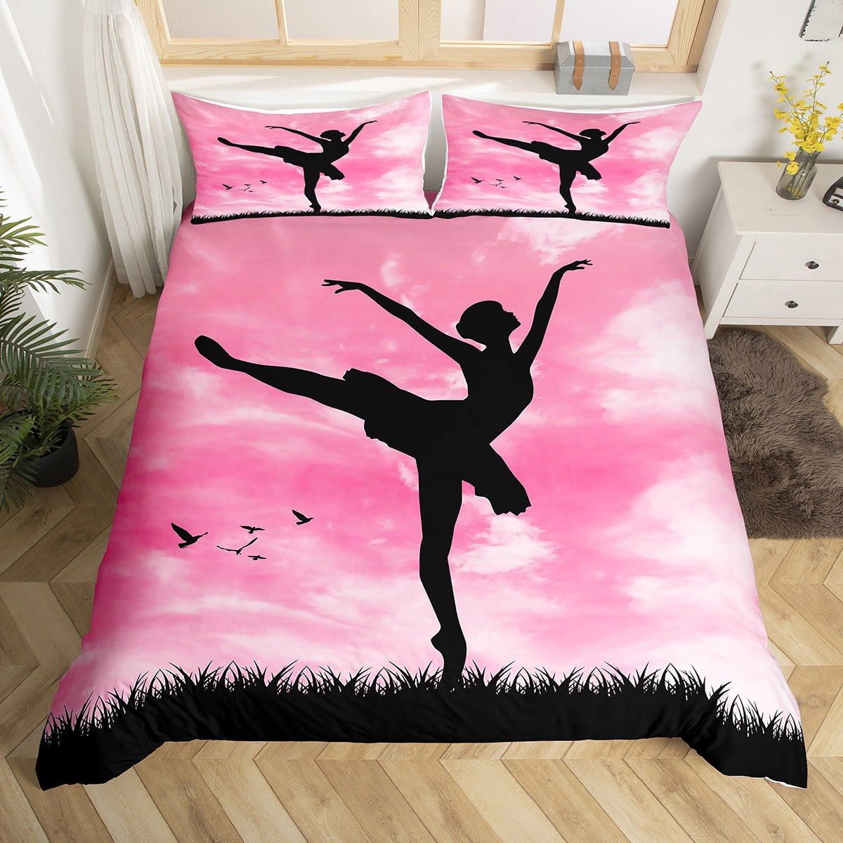 Pink Watercolor Duvet Cover Women,Ballet Dance Silhouette Bedding Set ...