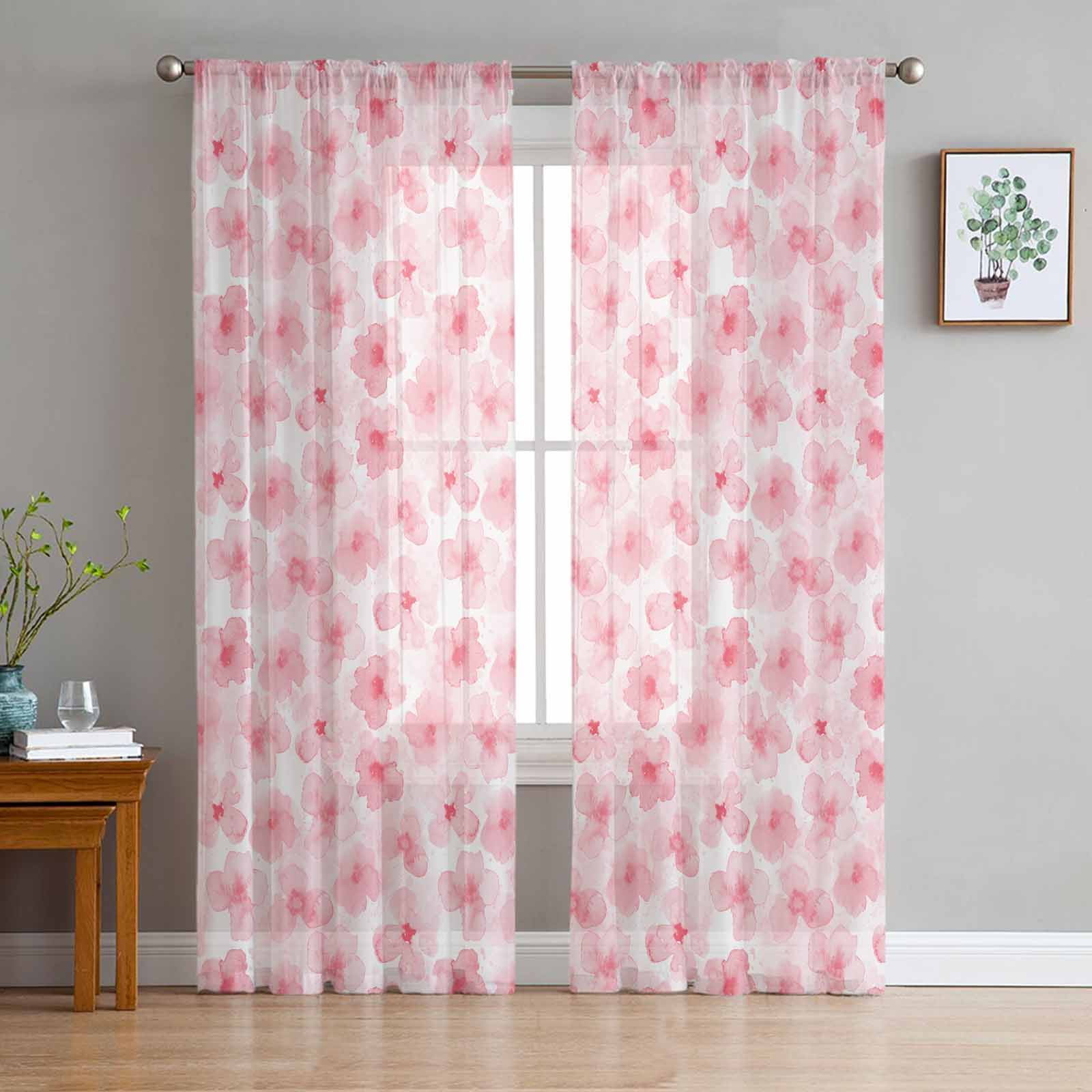 Pink Watercolor Floral Texture Triangle Tulle Sheer Curtains For Living ...