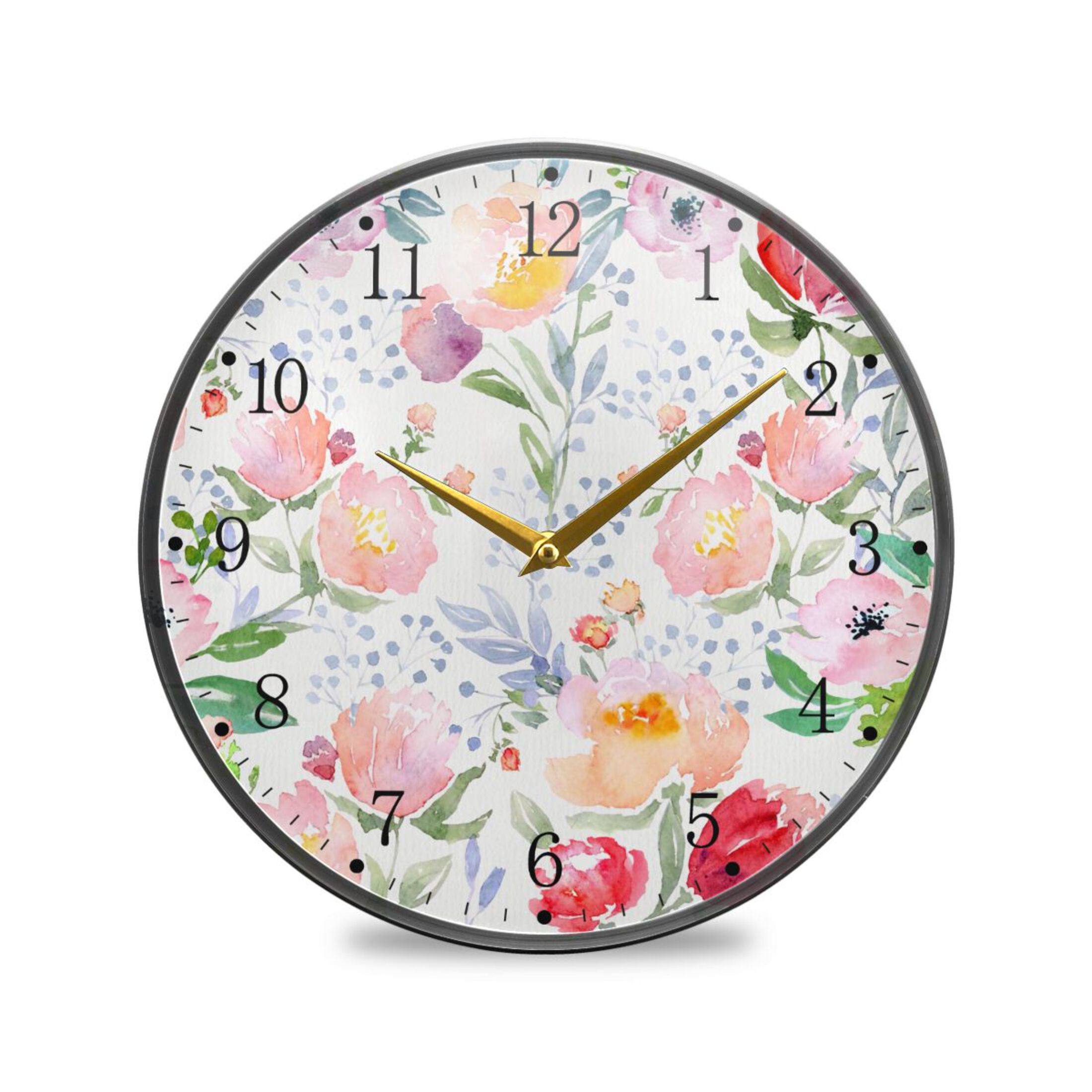 Pink Watercolor Flowers Leaves Acrylic Wall Clocks Quiet Round Clock ...
