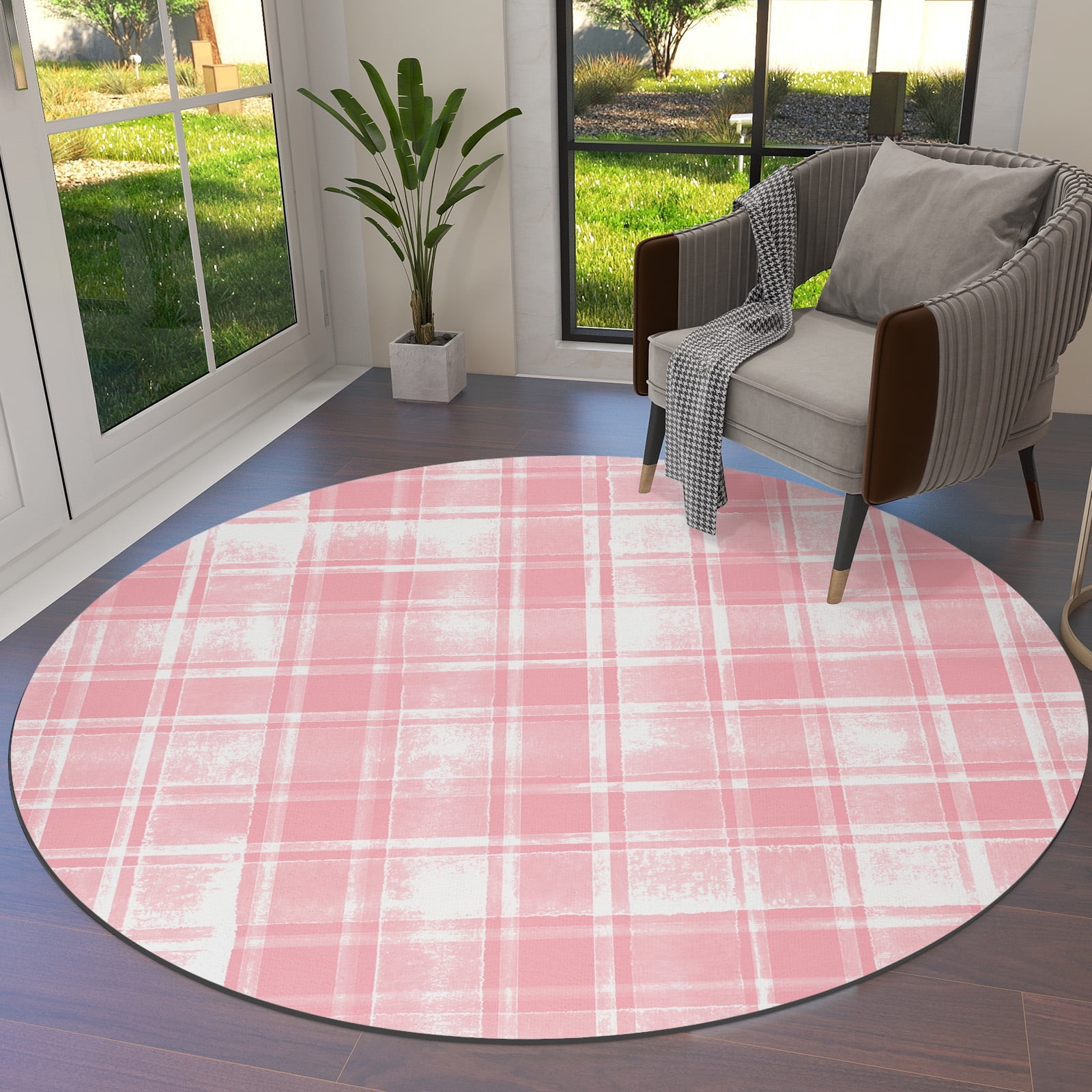 Pink Watercolor Mottled Checkered Plaid Round Area Rug Carpets For ...