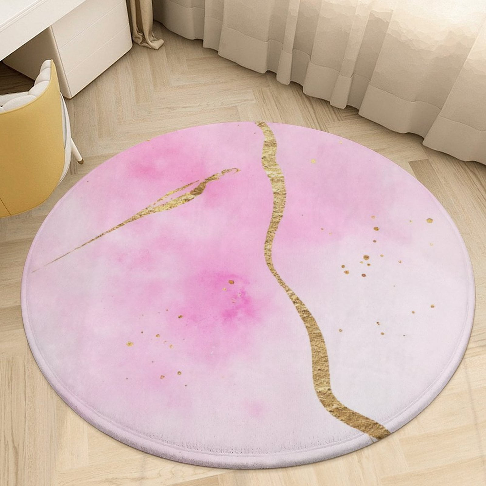Pink Watercolor with Gold Swirls Round Area Rugs for Bedroom Living ...