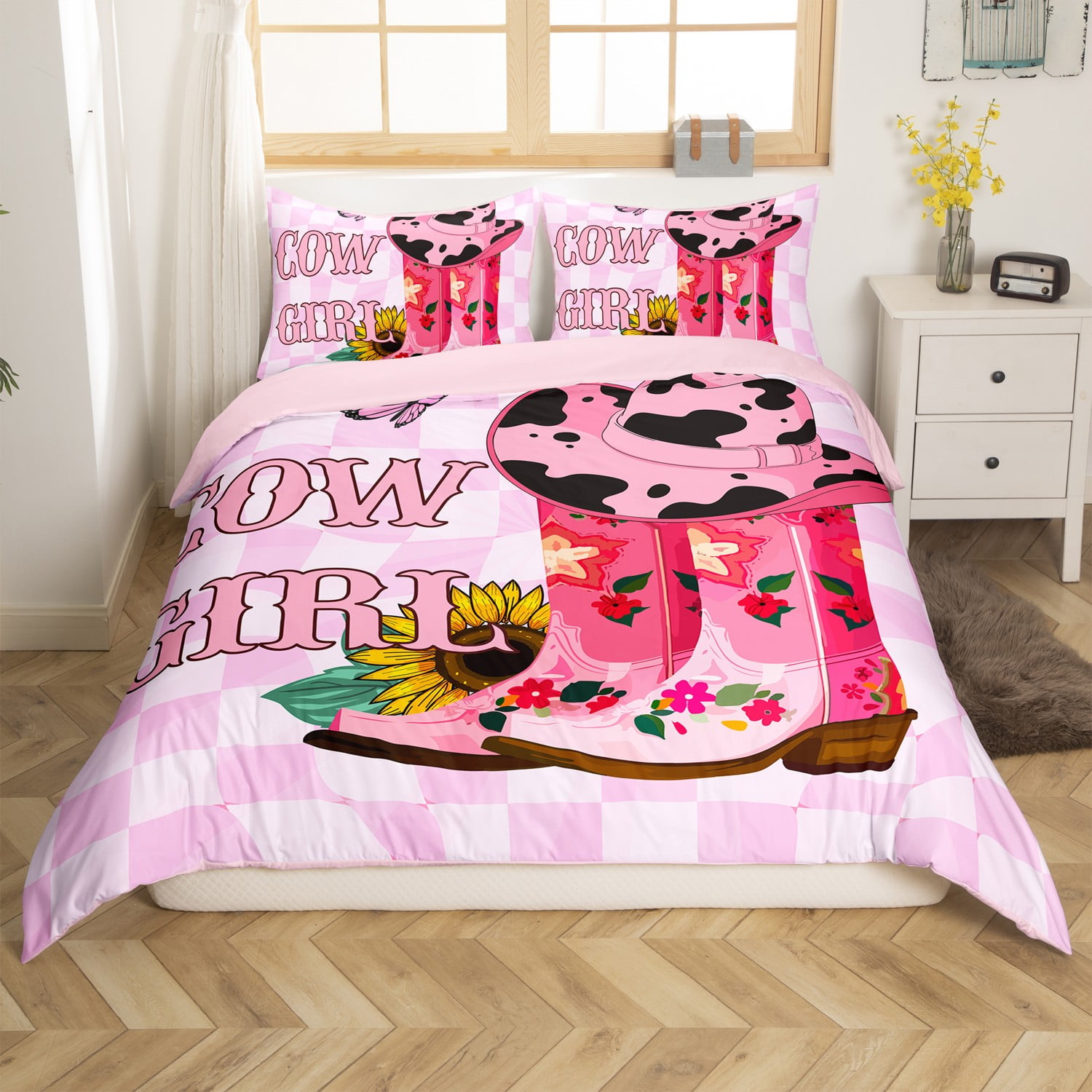 Pink Western Bedding Set,Cowgirl Boot Hat Flower Duvet Cover Room Decor ...