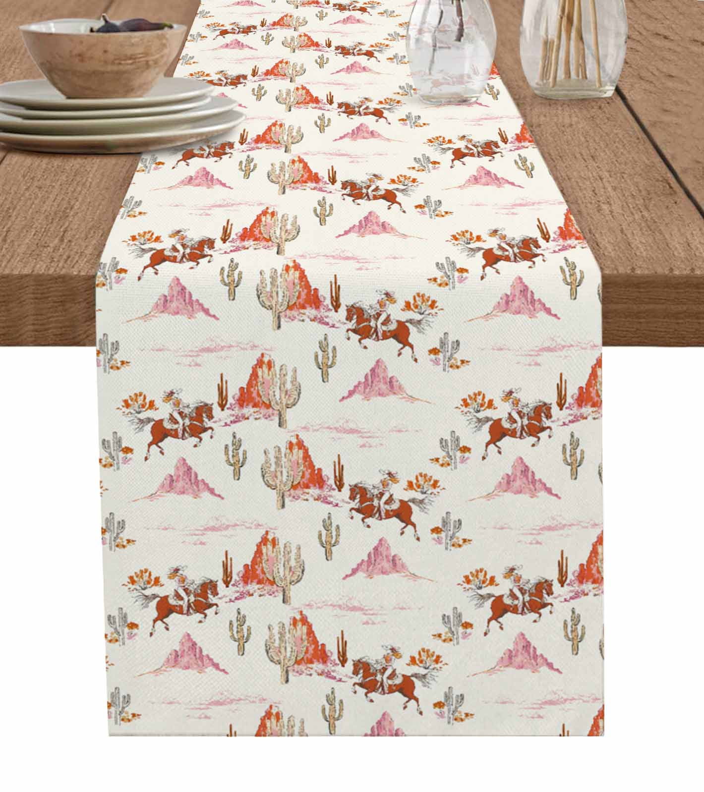 Pink Western Cowboy Table Runner 72 Inches, Retro Ethnic Horse Cactus ...