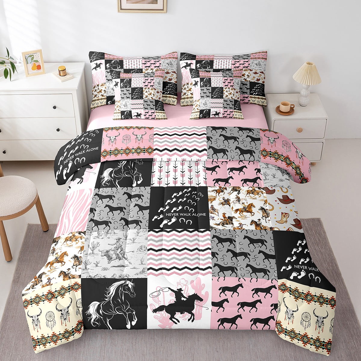 Pink Western Cowgirl Bedding Set 7 Piece Queen Comforter Set With ...