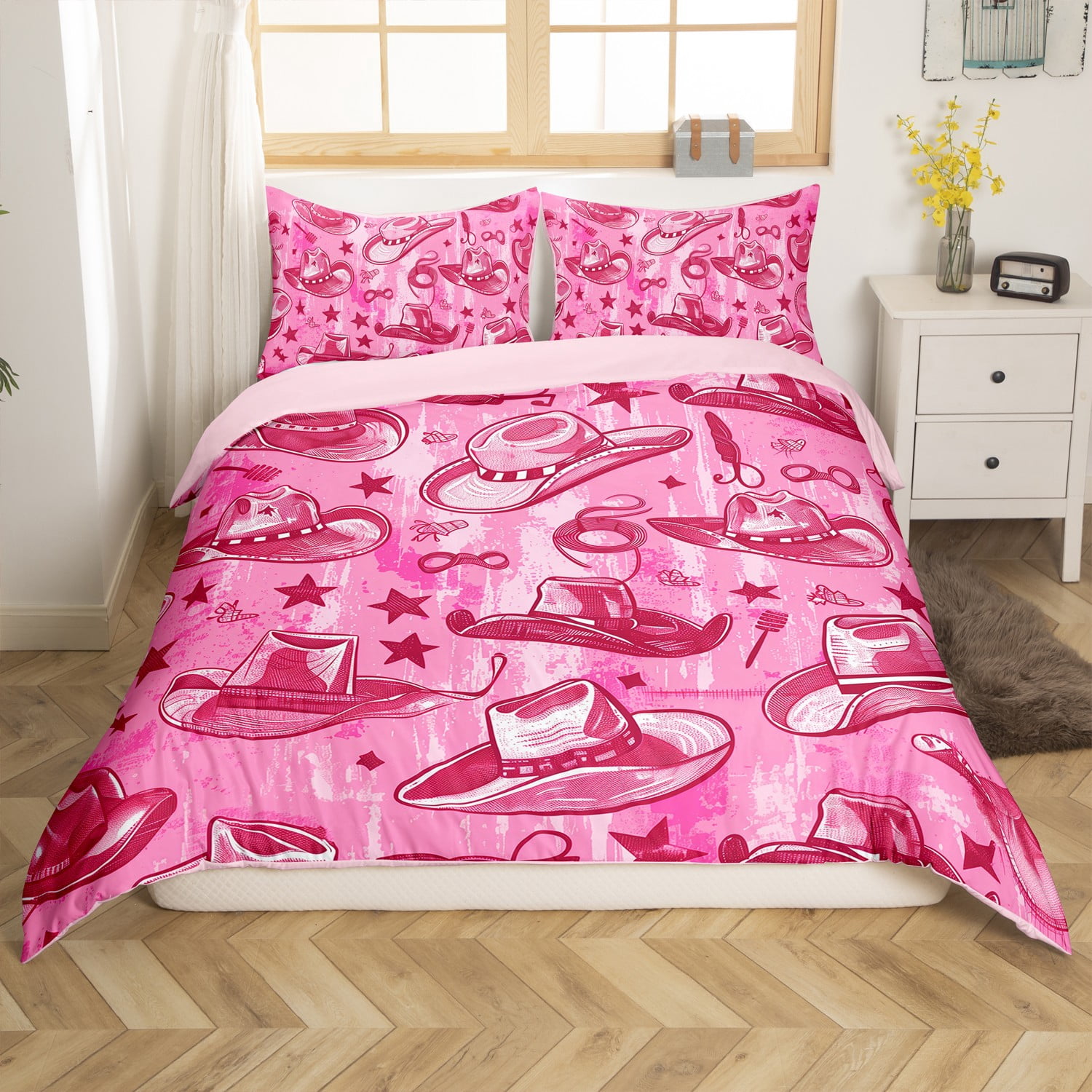 Pink Western Cowgirl Full Bedding Set,Vintage Cowboy Hat Duvet Cover ...