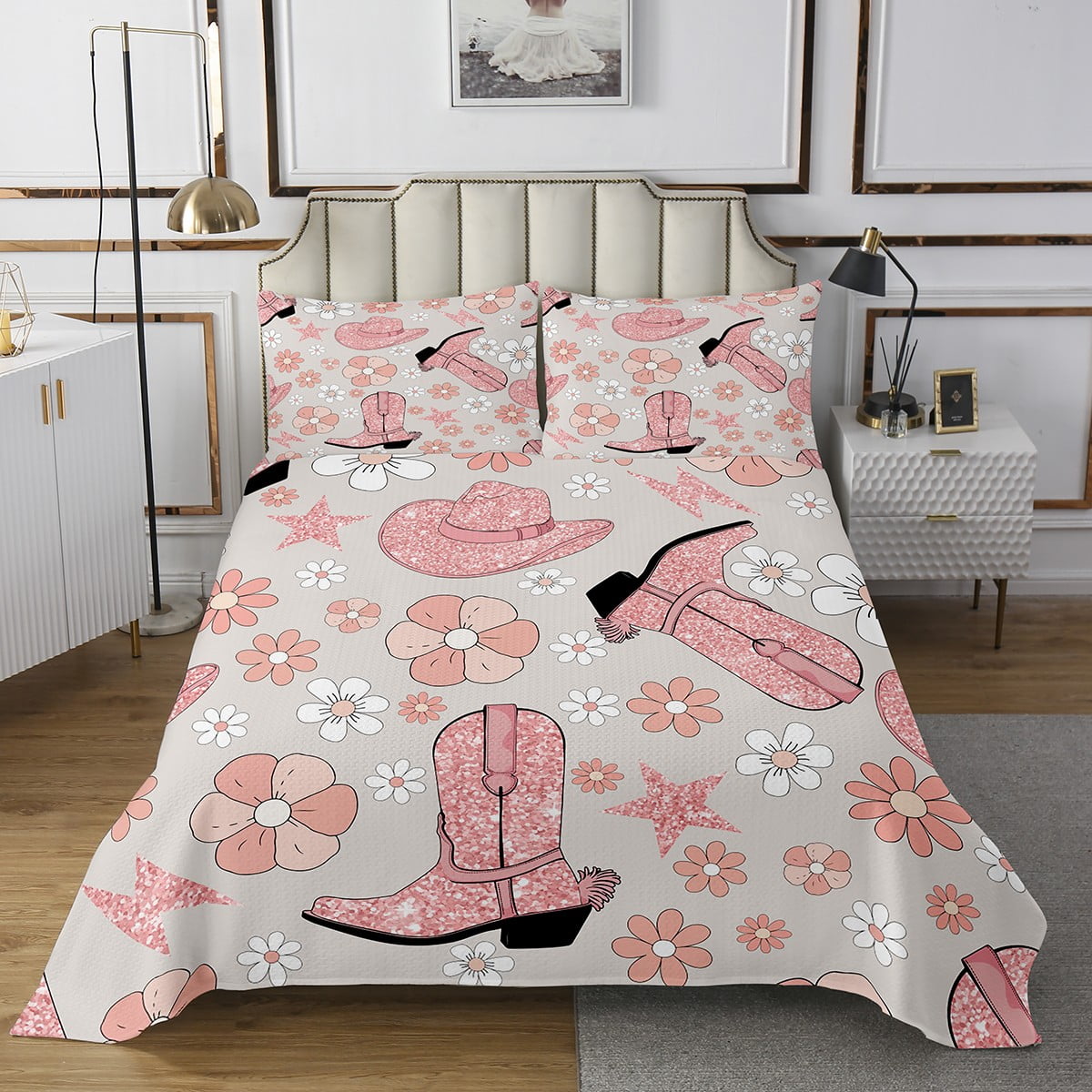 Pink Western Cowgirl Queen Quilt Set,Glitter Cowgirl Boots Hat Bedding ...