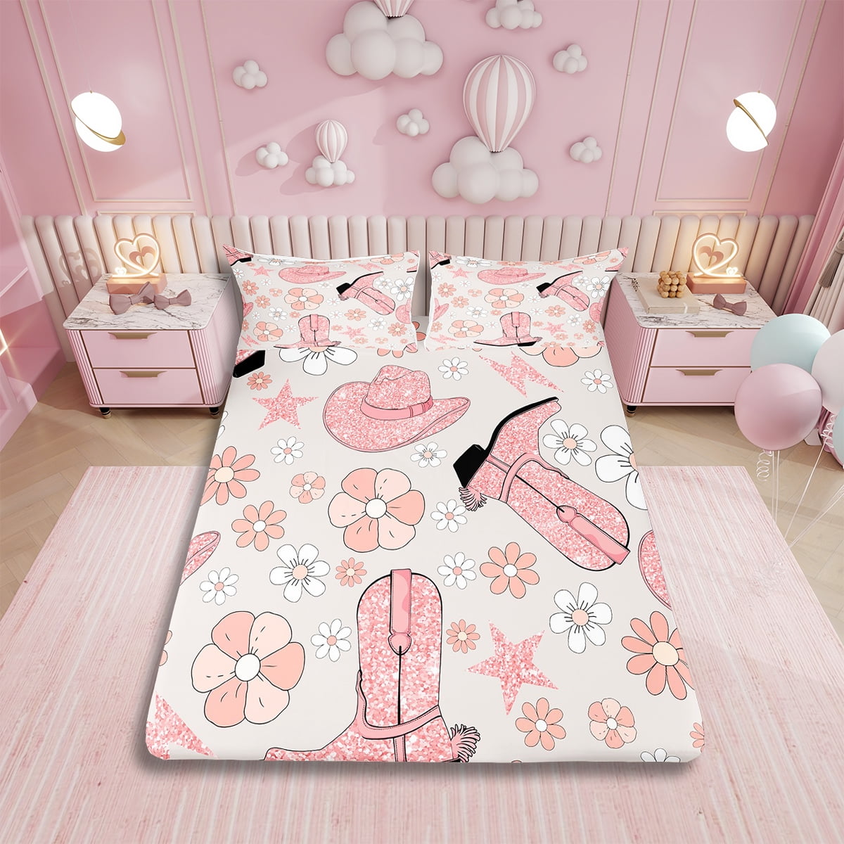Pink Western Cowgirl Twin Bed Sheets Set,Glitter Cowgirl Boots Hat ...