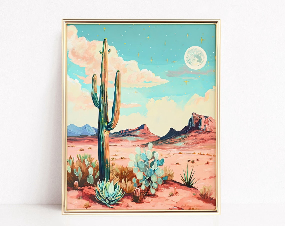 Pink Western Desert Art Print Wall Art Poster Cactus Full Moon Vintage ...