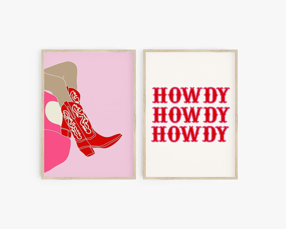 Pink Western Poster Set Howdy Cowgirl Cowboy Boots Preppy Wall Art Set ...