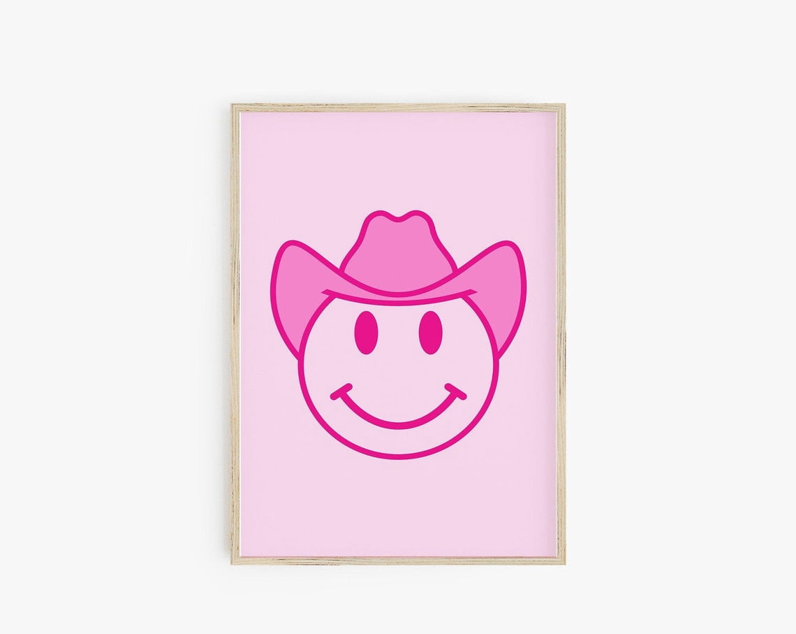 Pink Western Smiley Face Poster Print, Hot Pink Smiley Face With Hat ...