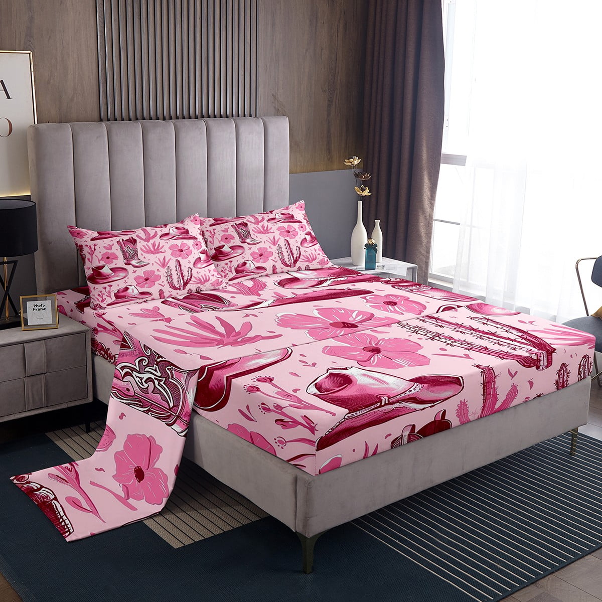 Pink Western Style Full Bed Sheets Set,Cowgirl Boot Hat Bedding Set for ...