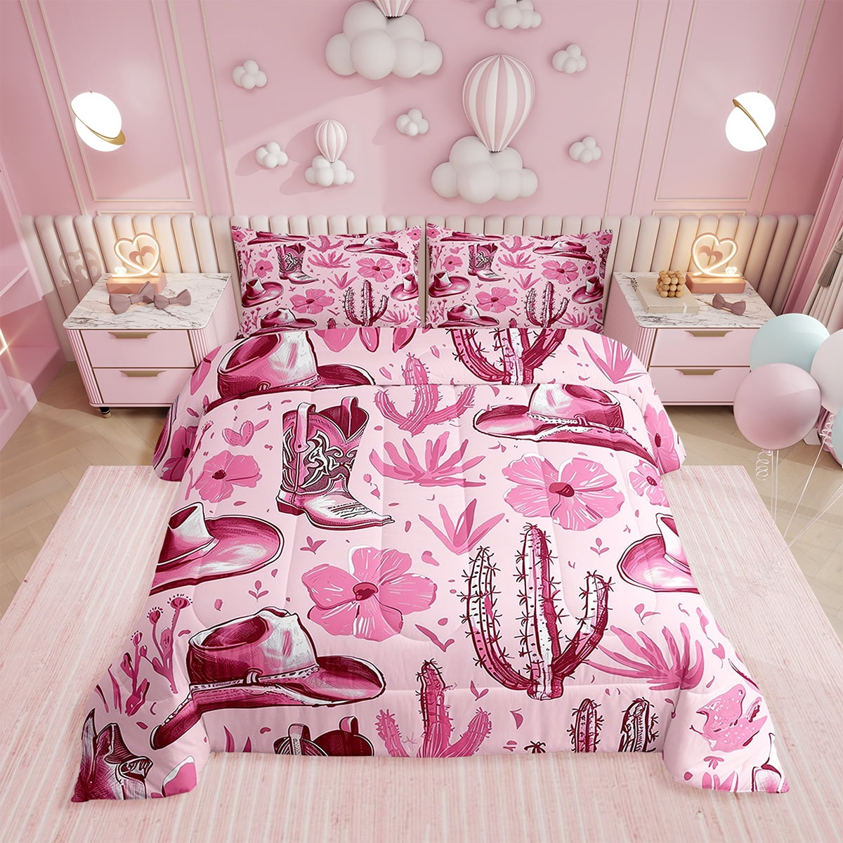 Pink Western Style Queen Comforter Set,Cowgirl Boot Hat Bedding Set for ...