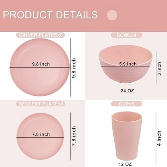 Pink Wheat Straw Dinnerware Sets,Unbreakable Dishes for 8, Plate and ...
