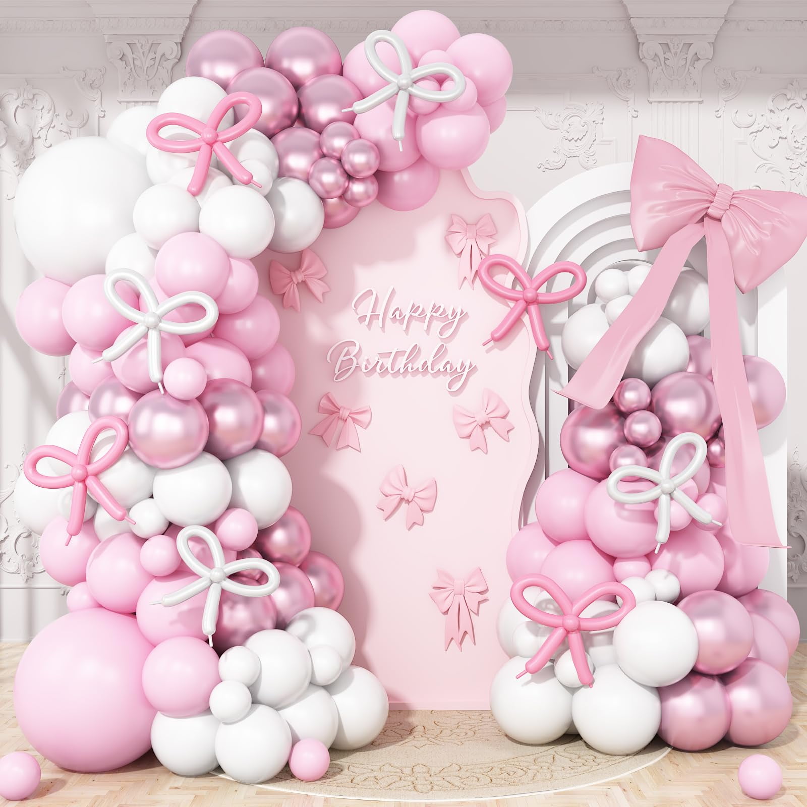 Pink White Balloon FEV6 Arch Kit,Pastel Pink Bow Balloon Garland with ...