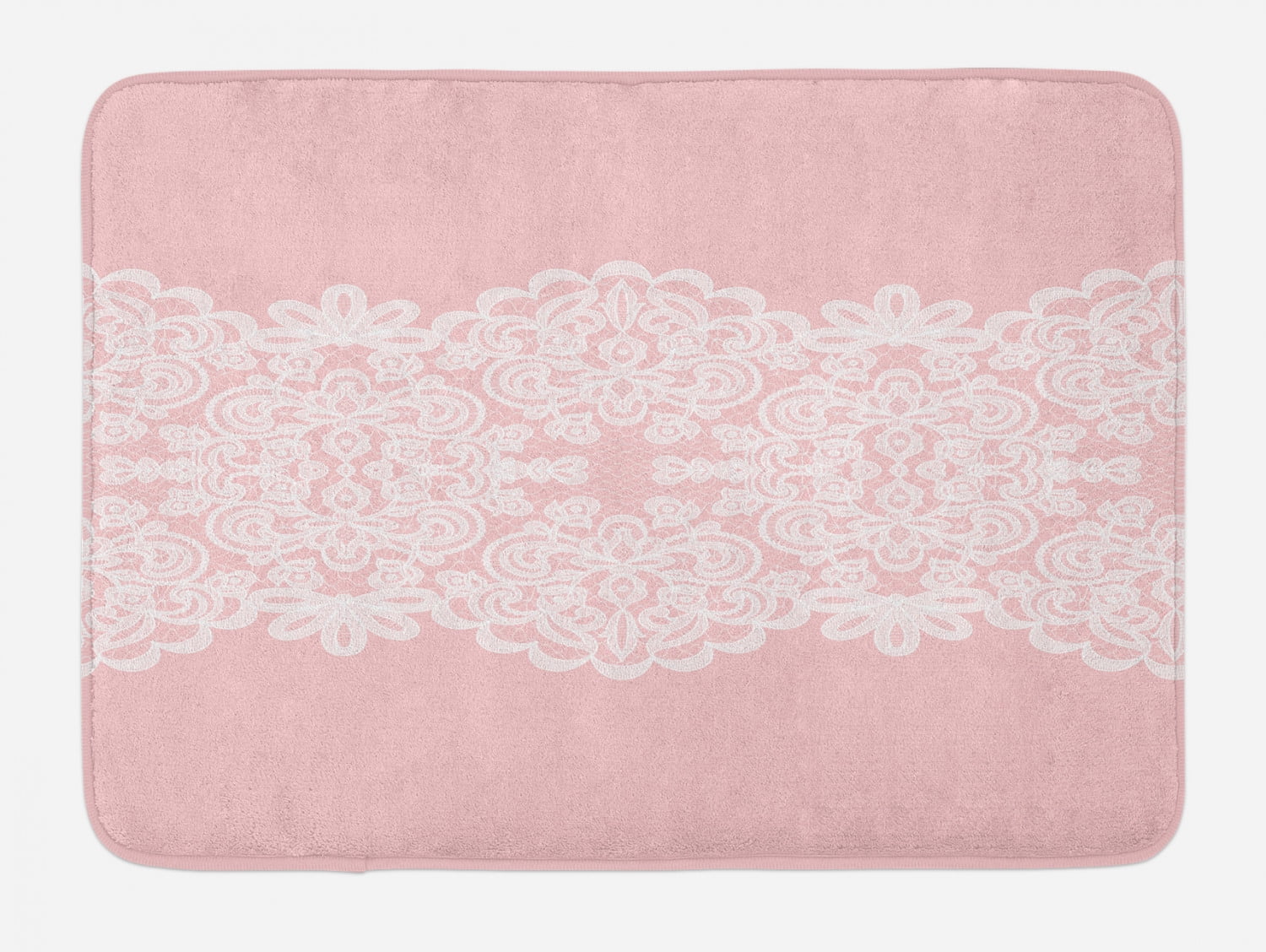 Pink and White Bath Mat, White Needlework Ornament on Pastel Backdrop ...