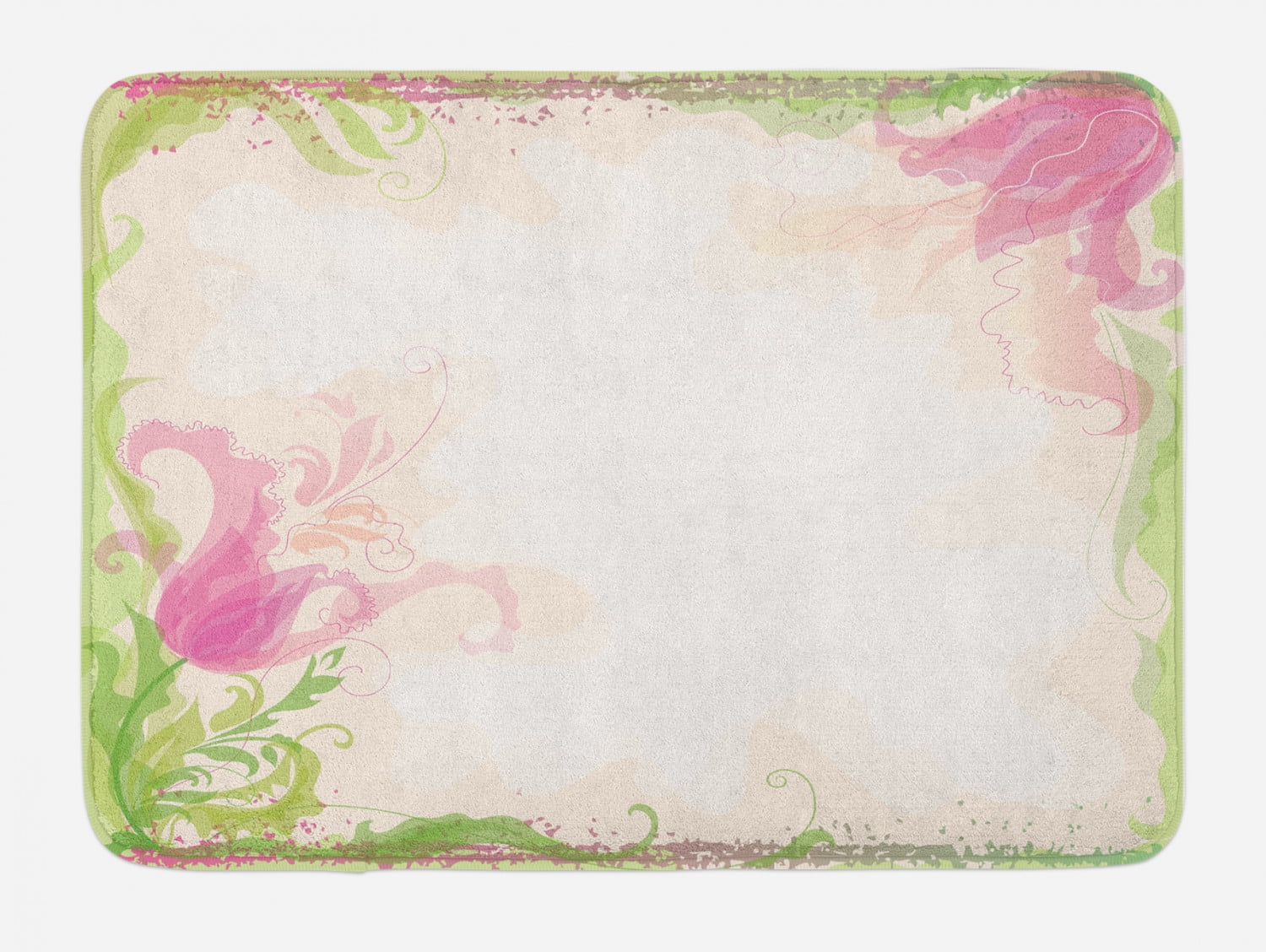 Pink and White Bath Mat, Pastel Colored Springtime Frame with Hand ...