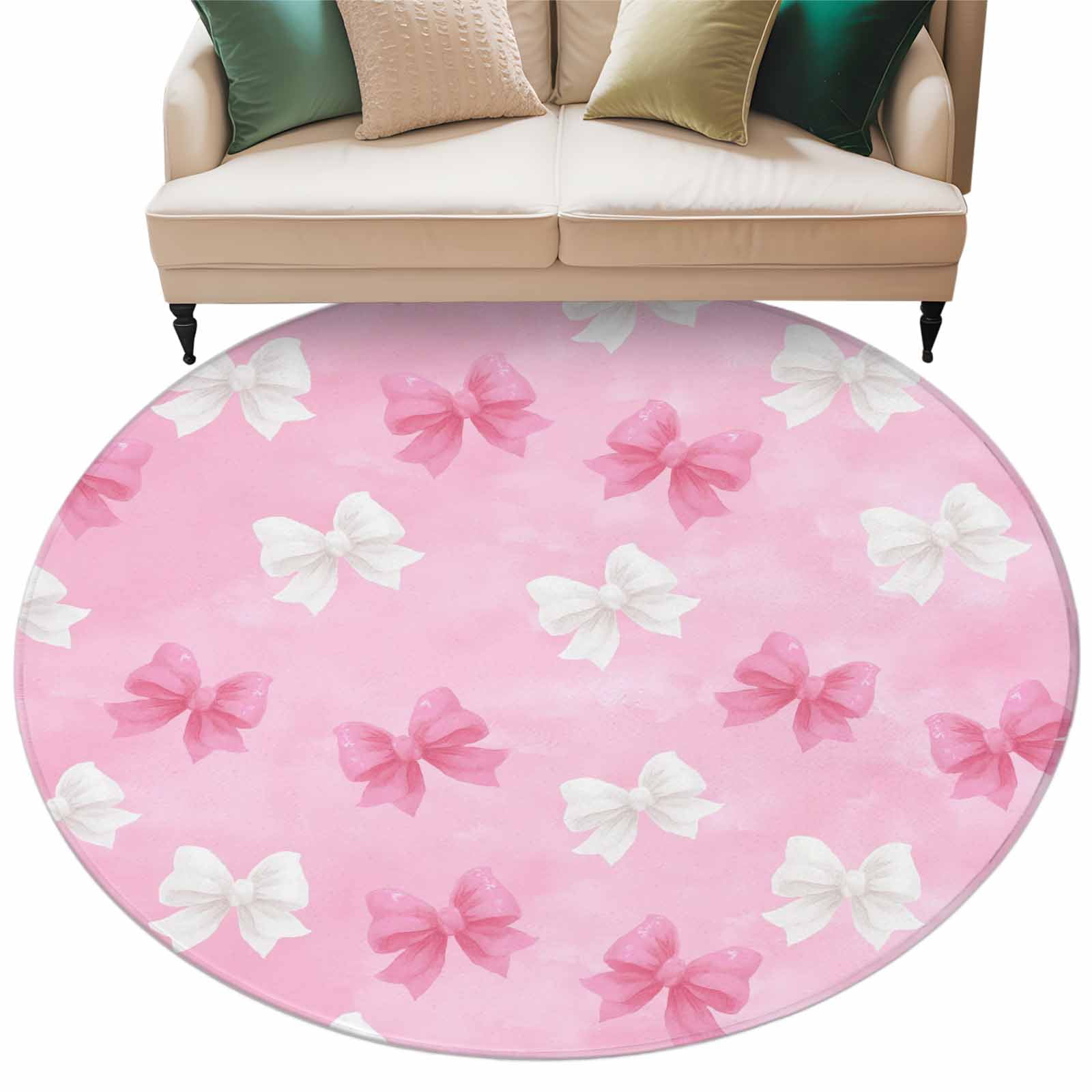 Pink and White Bow Washable Round Area Rug 6 ft, Cute Bowknot Kawaii ...