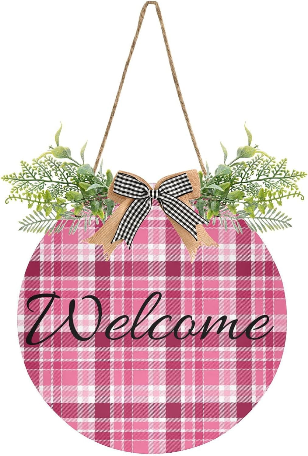 Pink White Buffalo Plaid Welcome Sign for Front Door, Round Sign ...