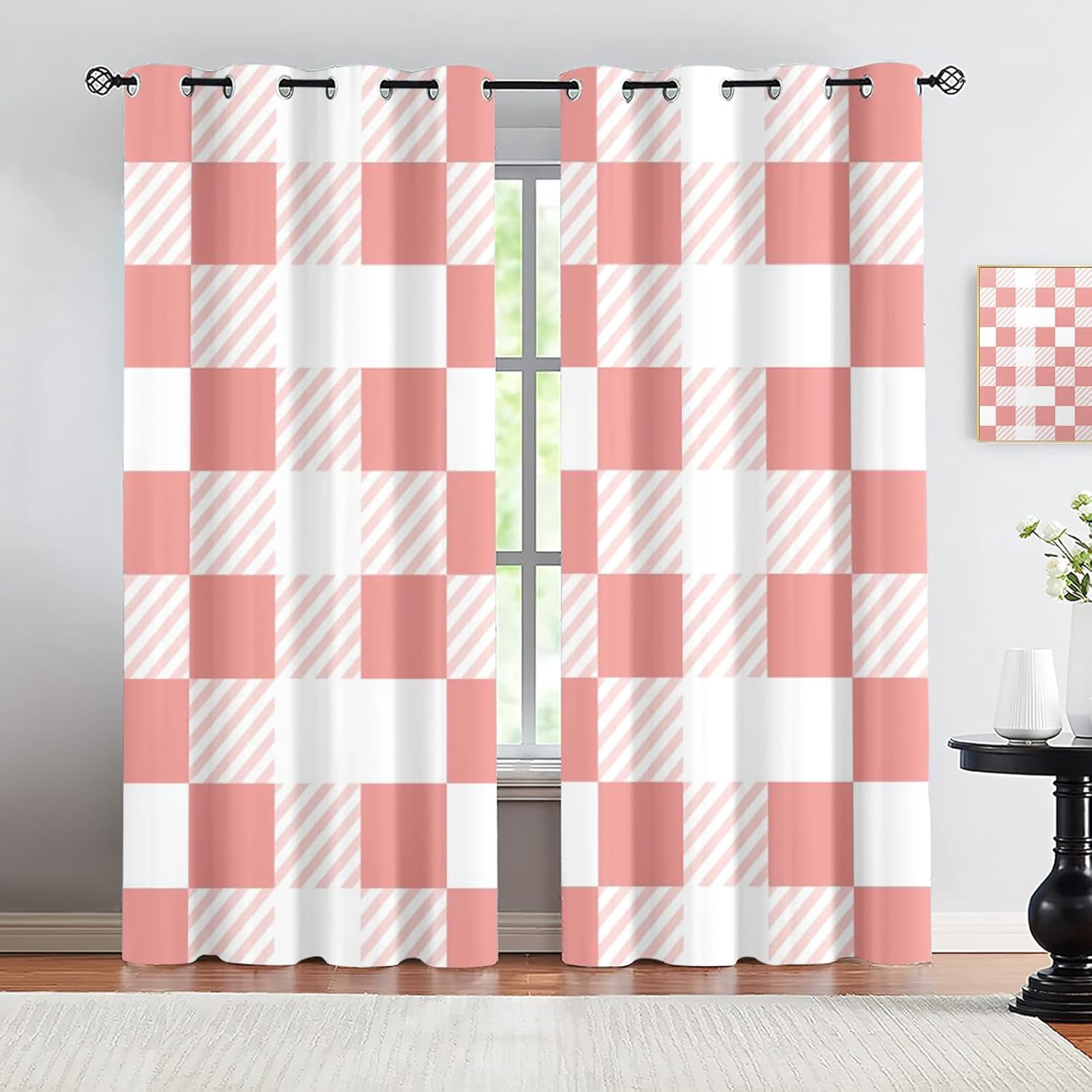Pink And White Checkered Curtains For Girls' Living Room, Abstract Line ...
