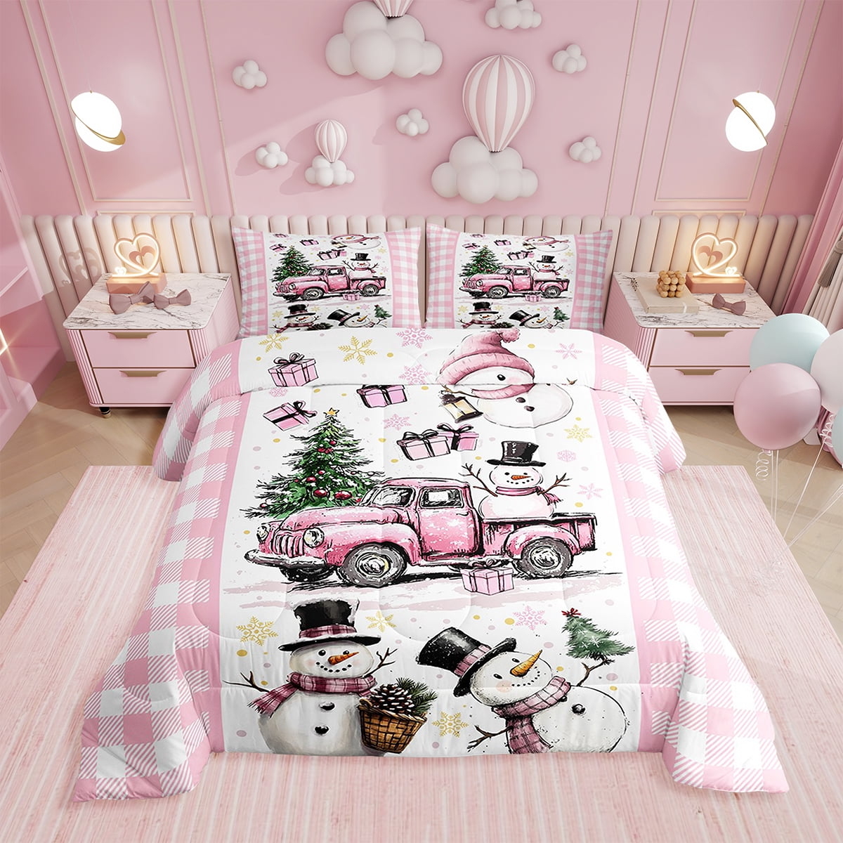Pink And White Christmas Comforter Set Queen Cute Snowman Truck Quilt ...