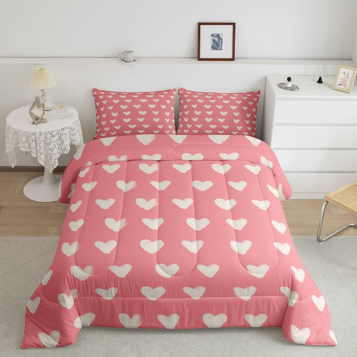 Pink White Comforter Set Full Size Girly Kawaii Heart Pattern Bedding ...
