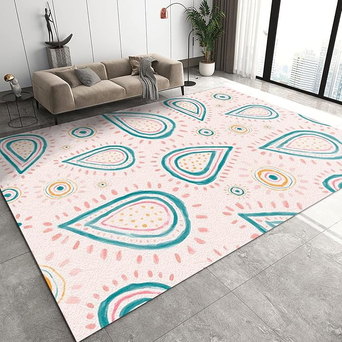 Pink And White Cute Area Rugs, Green Water Line Sun Hand Drawn Doodle ...
