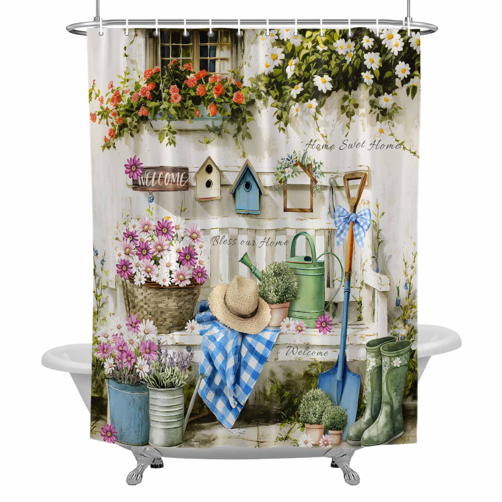 Pink White Daisy Shower Curtain for Bathroom, Orange Flowers Grass Caps ...