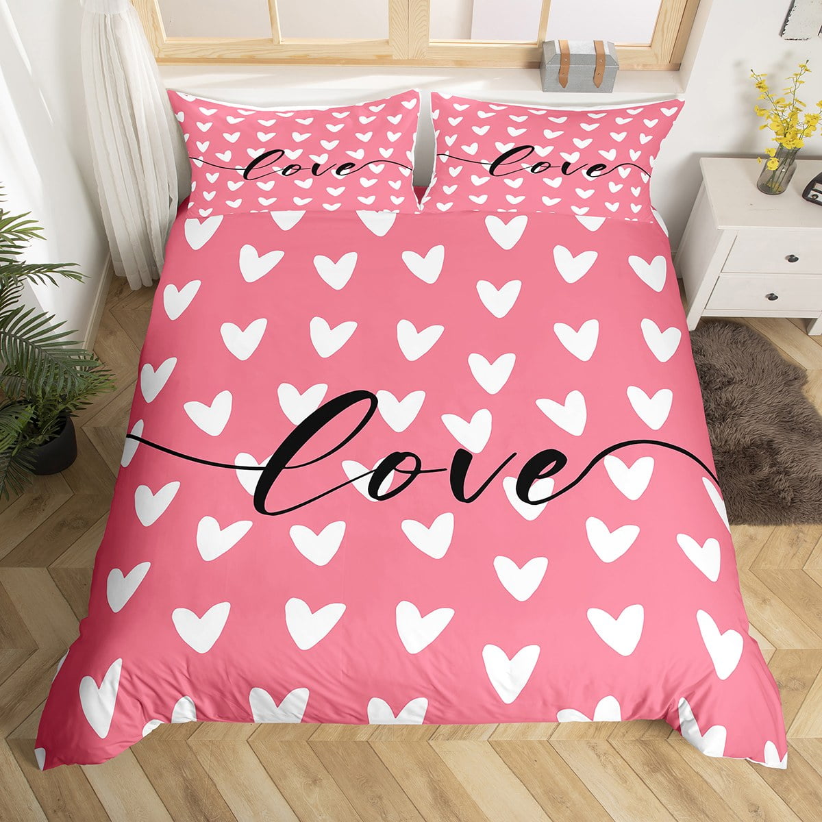 Pink And White Duvet Cover Full Size Girls Kawaii Heart Pattern Bed ...