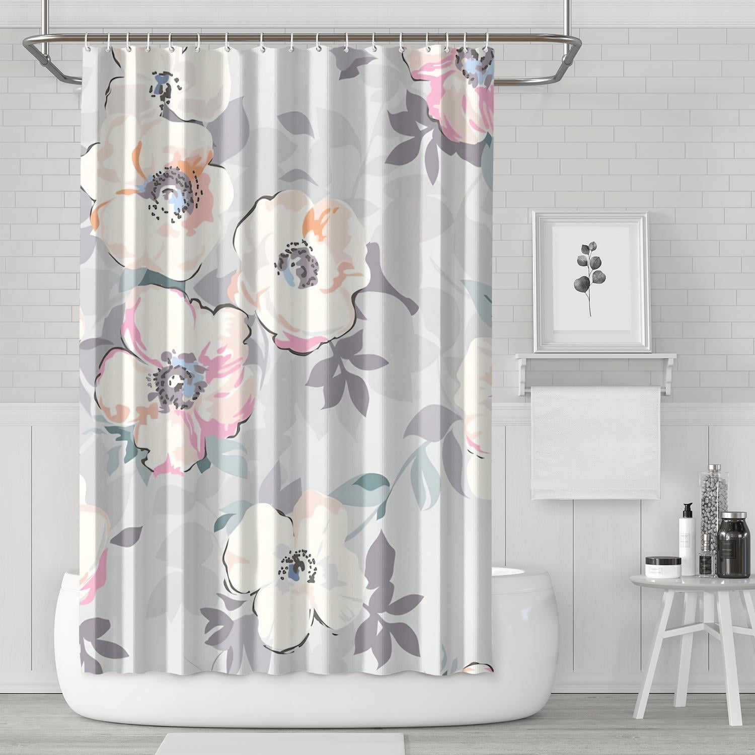 Pink White Floral Pretty ELegant (2) Shower Curtain Reusable Shower ...
