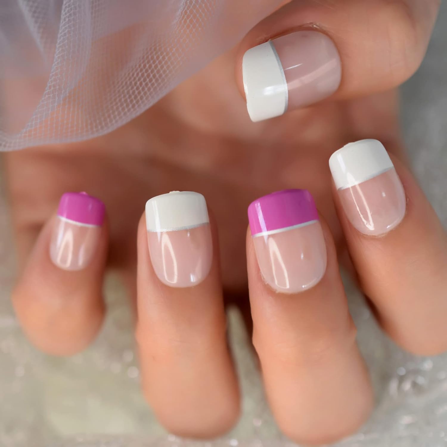 Pink White French Press On Nails Silver Line Short Round Shiny Soft ...