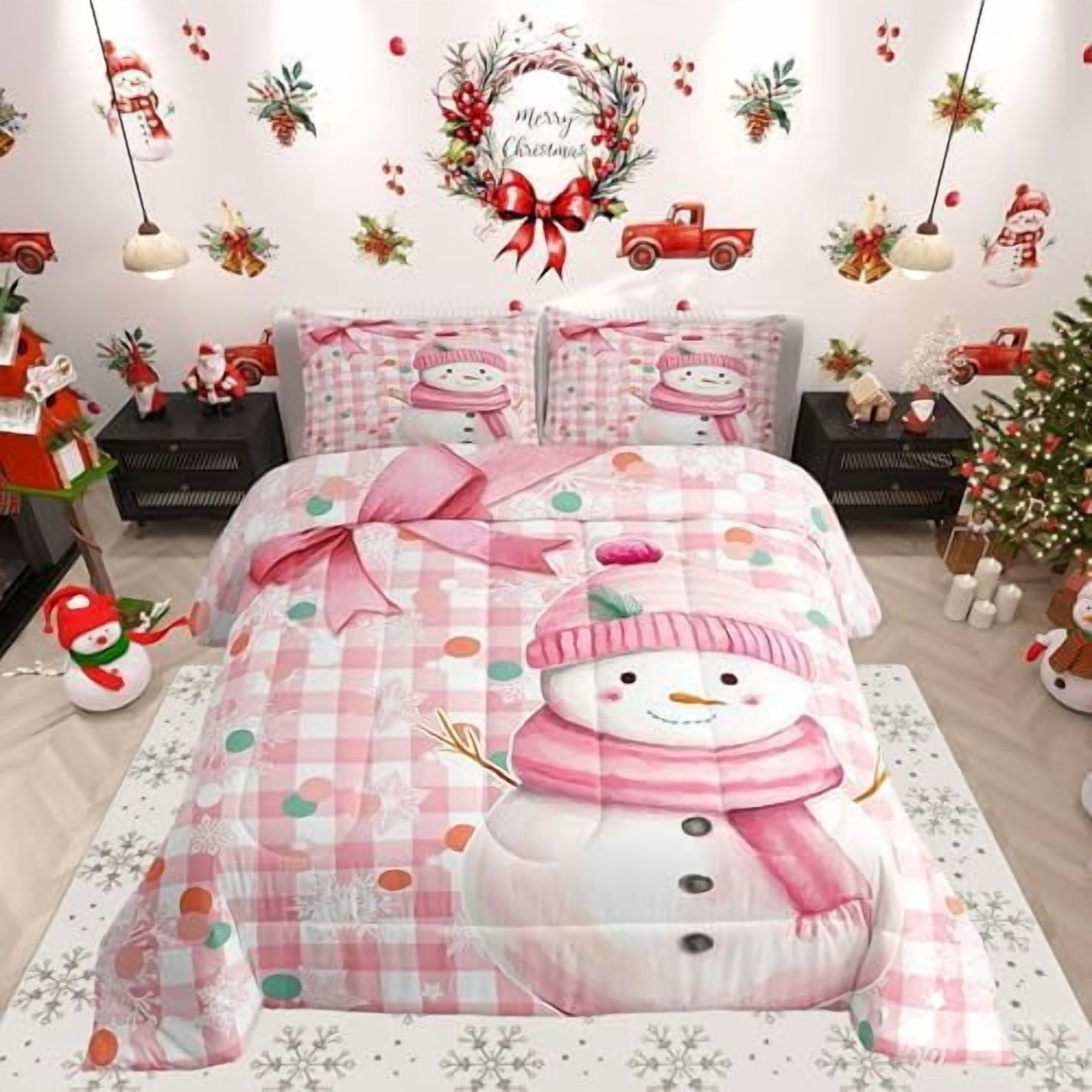 Pink White Geometric Grid Dots Bed Comforter Set Queen Size,Pink Bow ...