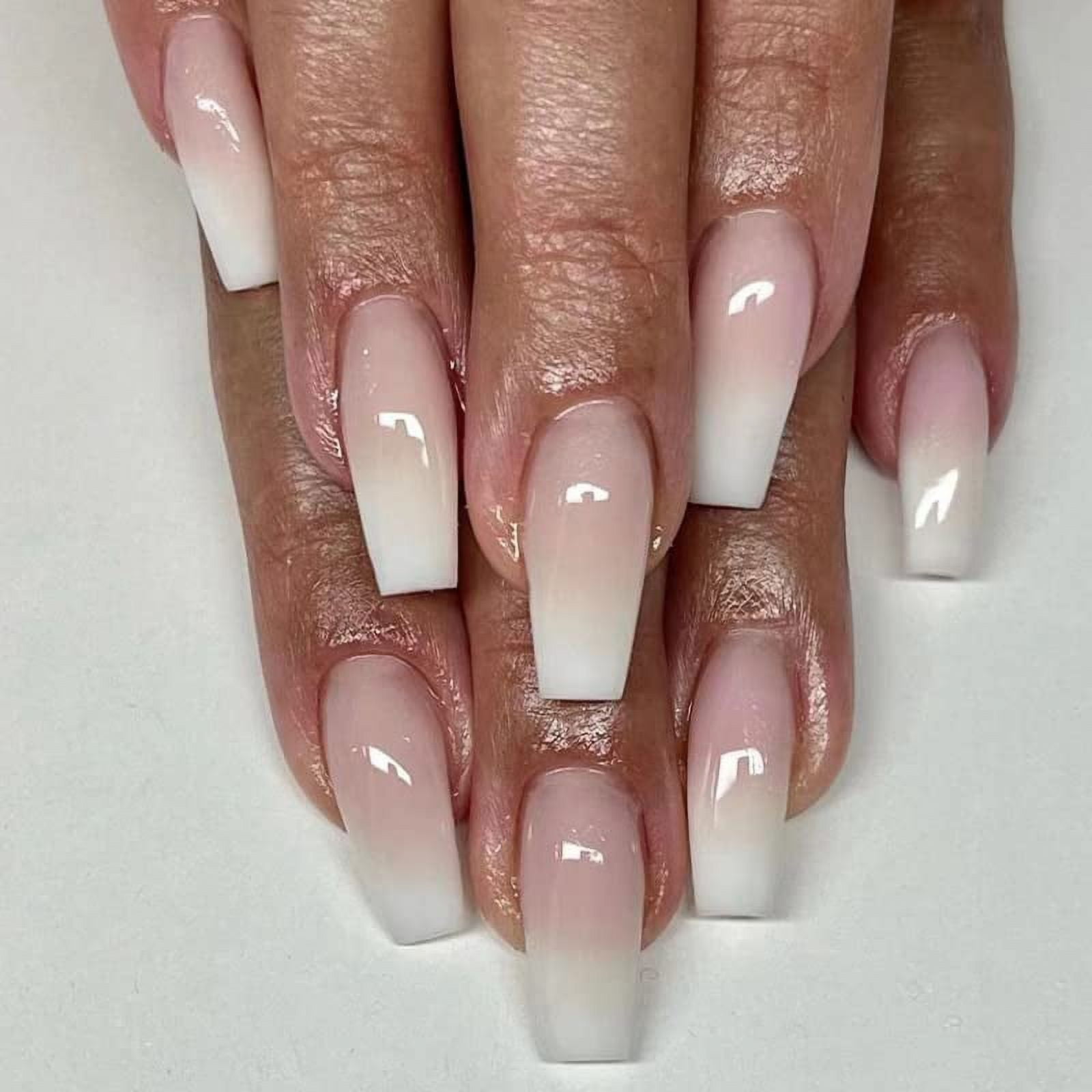 Pink White Gradient Fake Nails Long Press on Nails Glossy False Nails ...