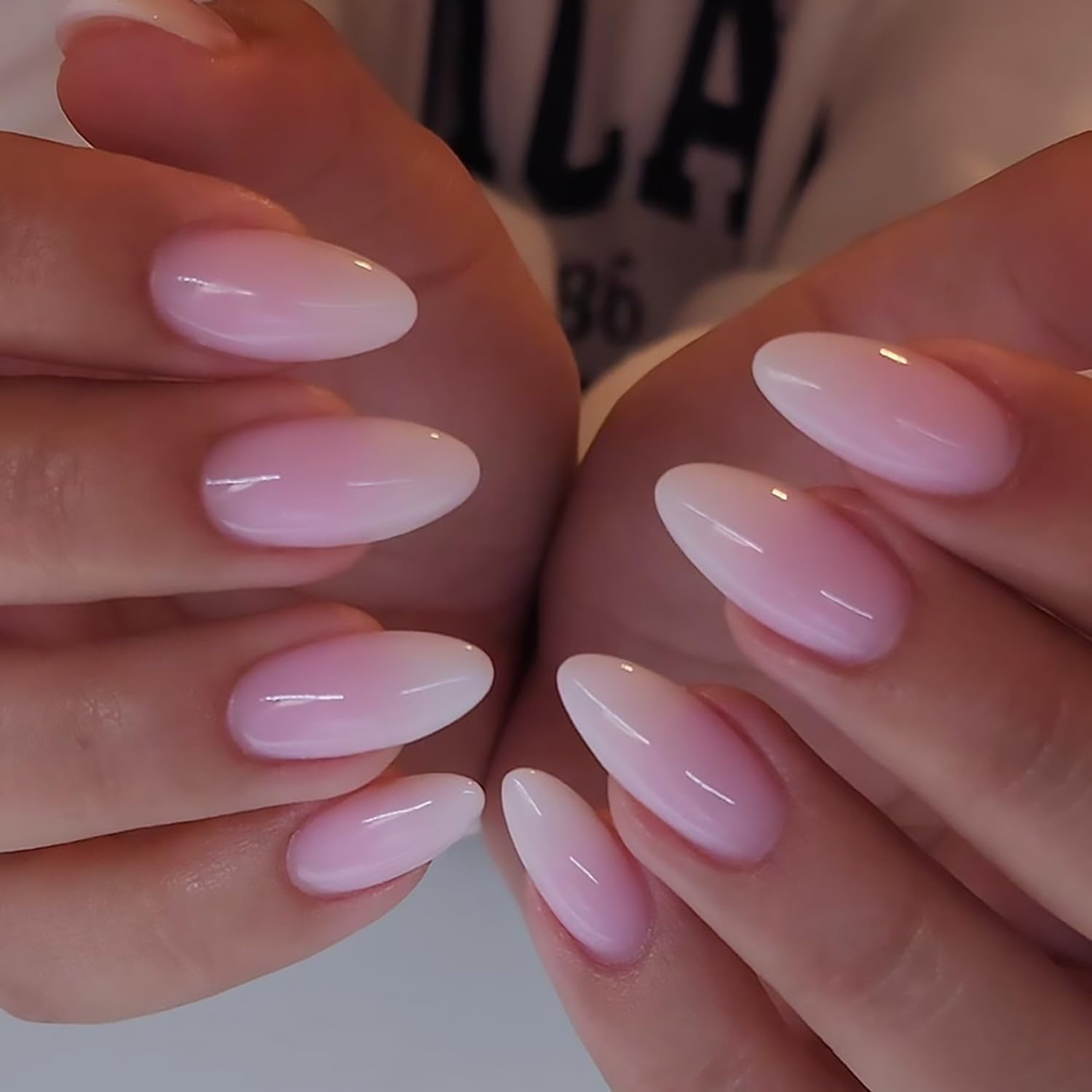 Pink White Gradient Press on Nails Medium Almond Fake Nails French Tip ...