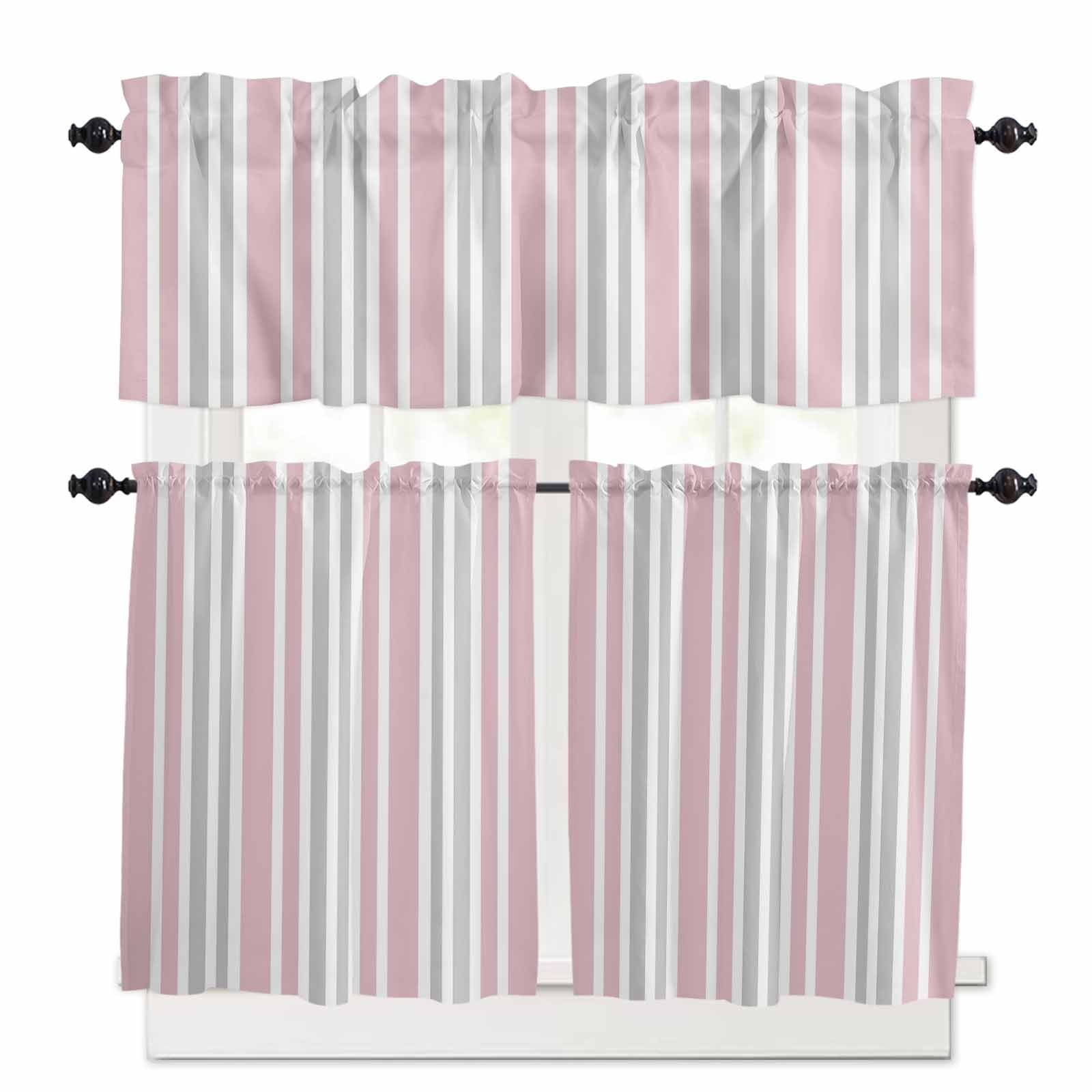 Pink White Kitchen Curtains Set for Windows 3 Pieces, 36 Inch Length ...