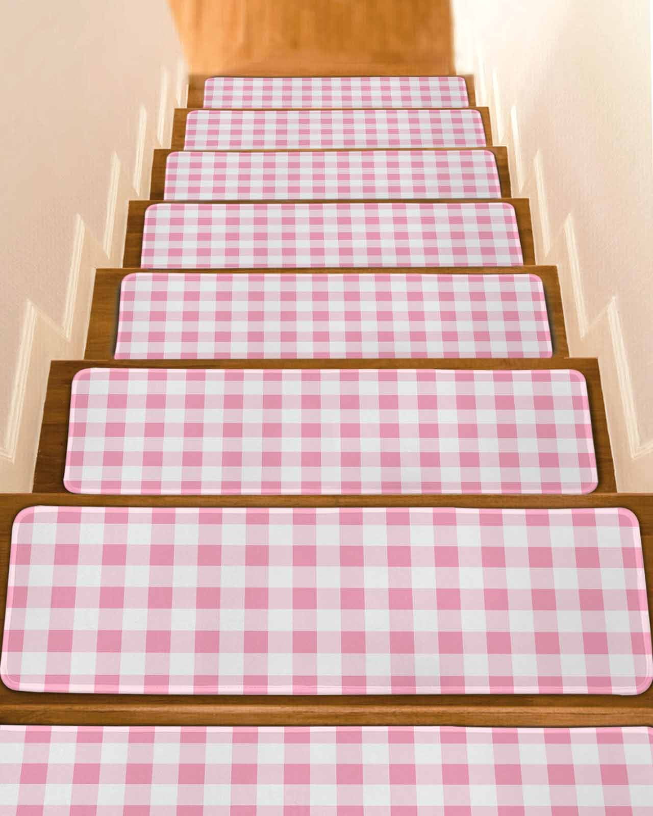 Pink White Plaid, Stair Treads for Wooden Steps Indoor Runner Rug ...