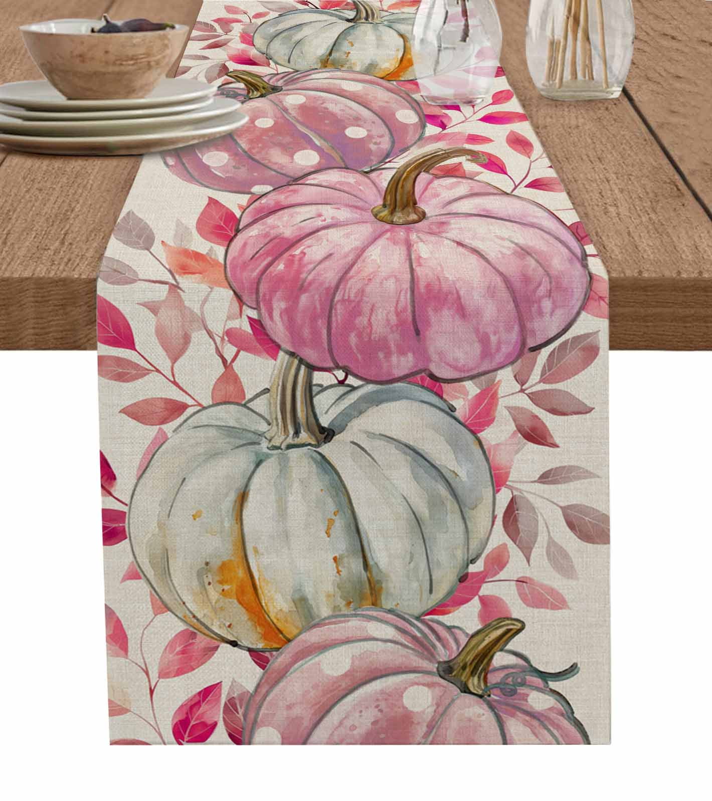 Pink White Pumpkins Burlap-Cotton Table Runner 120 Inches Long,Fall Thanksgiving Watercolor ...