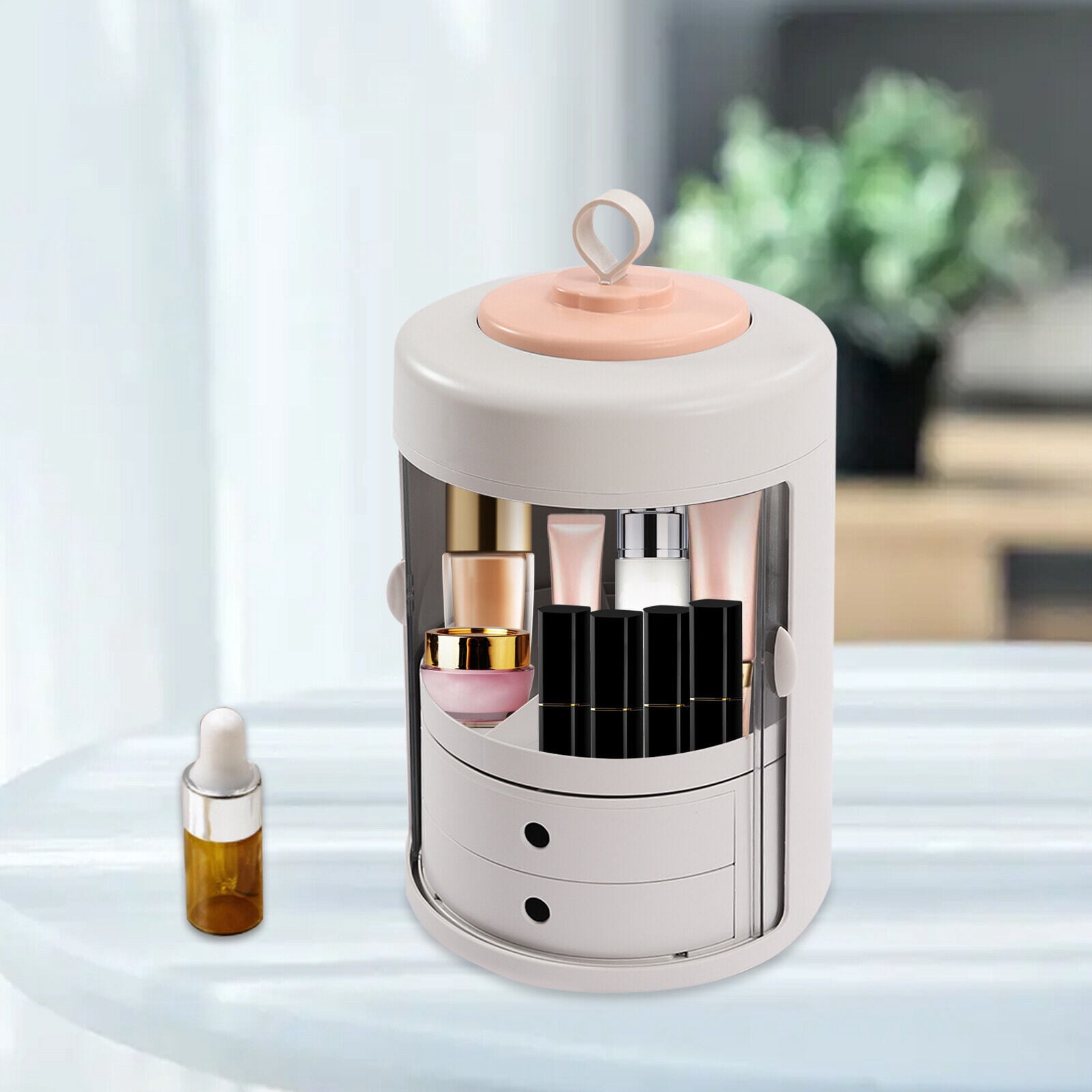 Pink / White Rotating Makeup Tabletop Organiser 2 Drawers Cosmetic ...