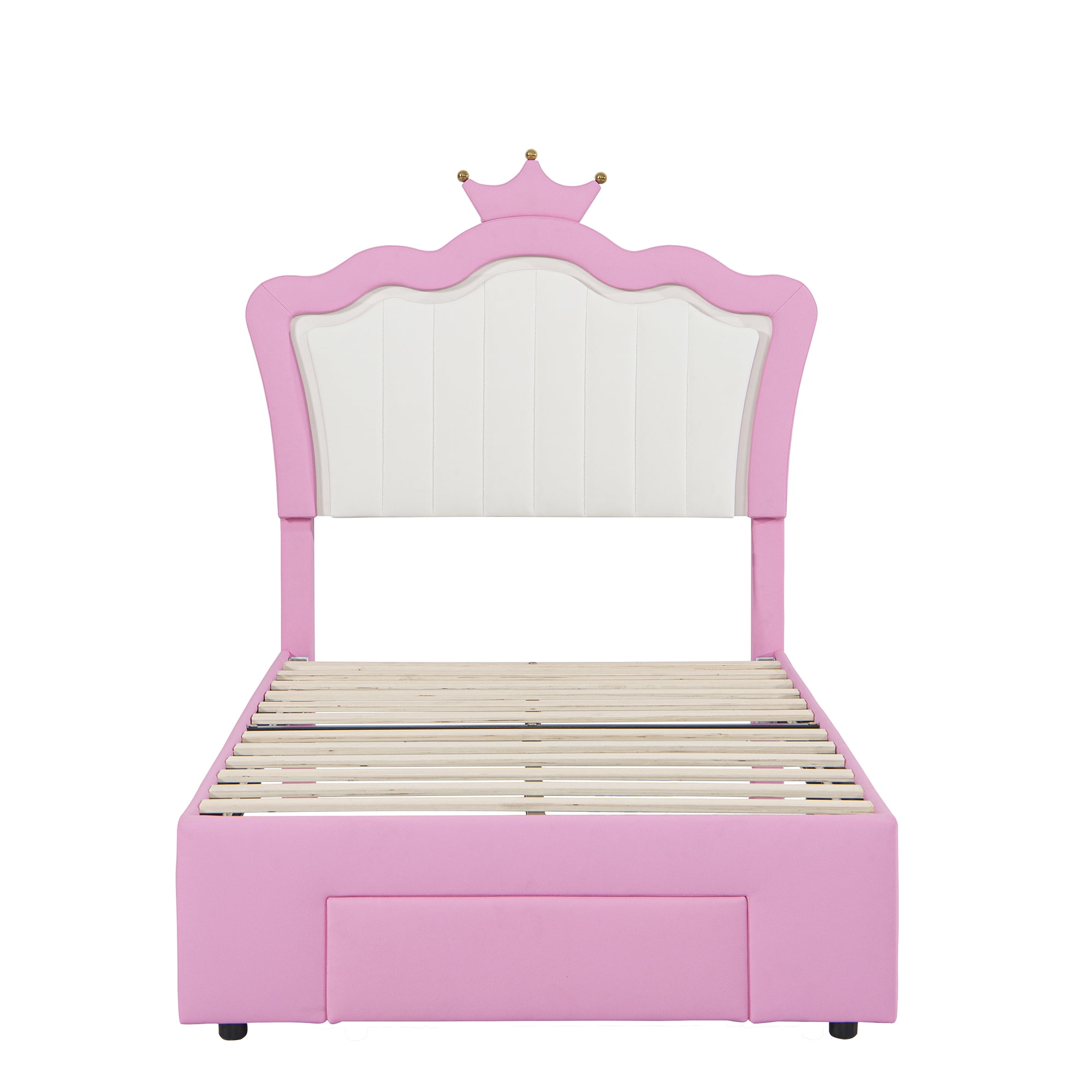 Pink and White Upholstered Princess Bed Frame with LED Lights - Twin ...