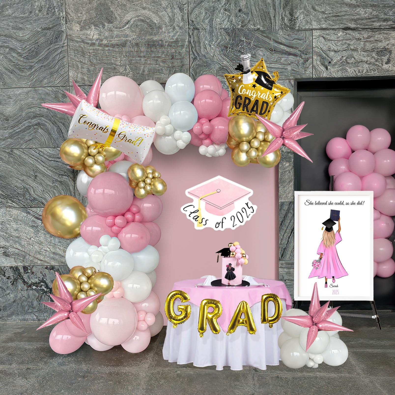 Pink and WhiteTRDN Gold Grad Balloon garland arch kit 145pcs With Large ...