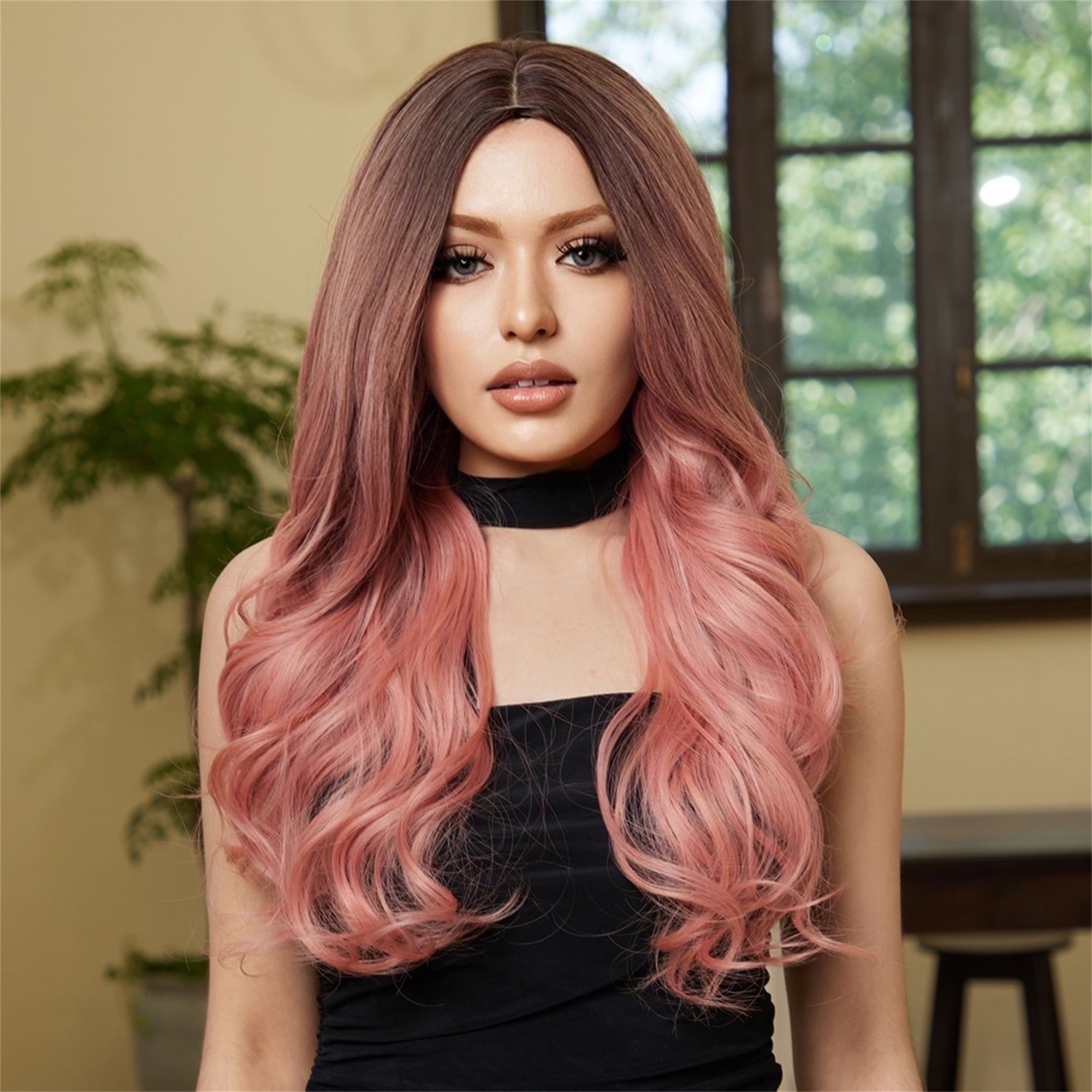Pink Wig Long Curly Ombre Pink Wig with Bangs Heat Resistant Synethetic ...