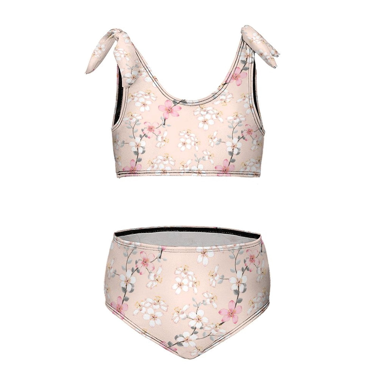 Pink Wild Flowers on Isolated Pastel Girl's 2 Piece Bikini Set Beach ...