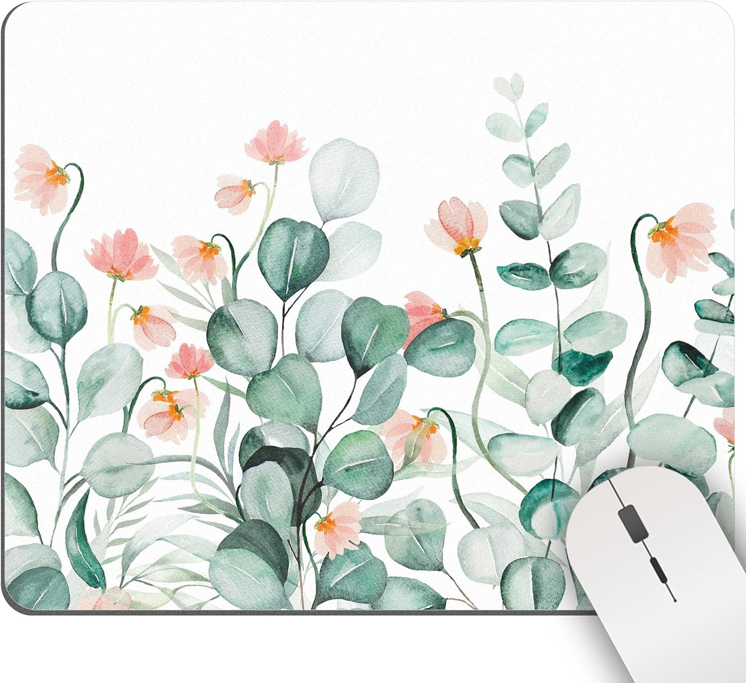 Pink Wildflower Mouse Pad, Watercolor Green Plant Leaf Mousepads Square ...
