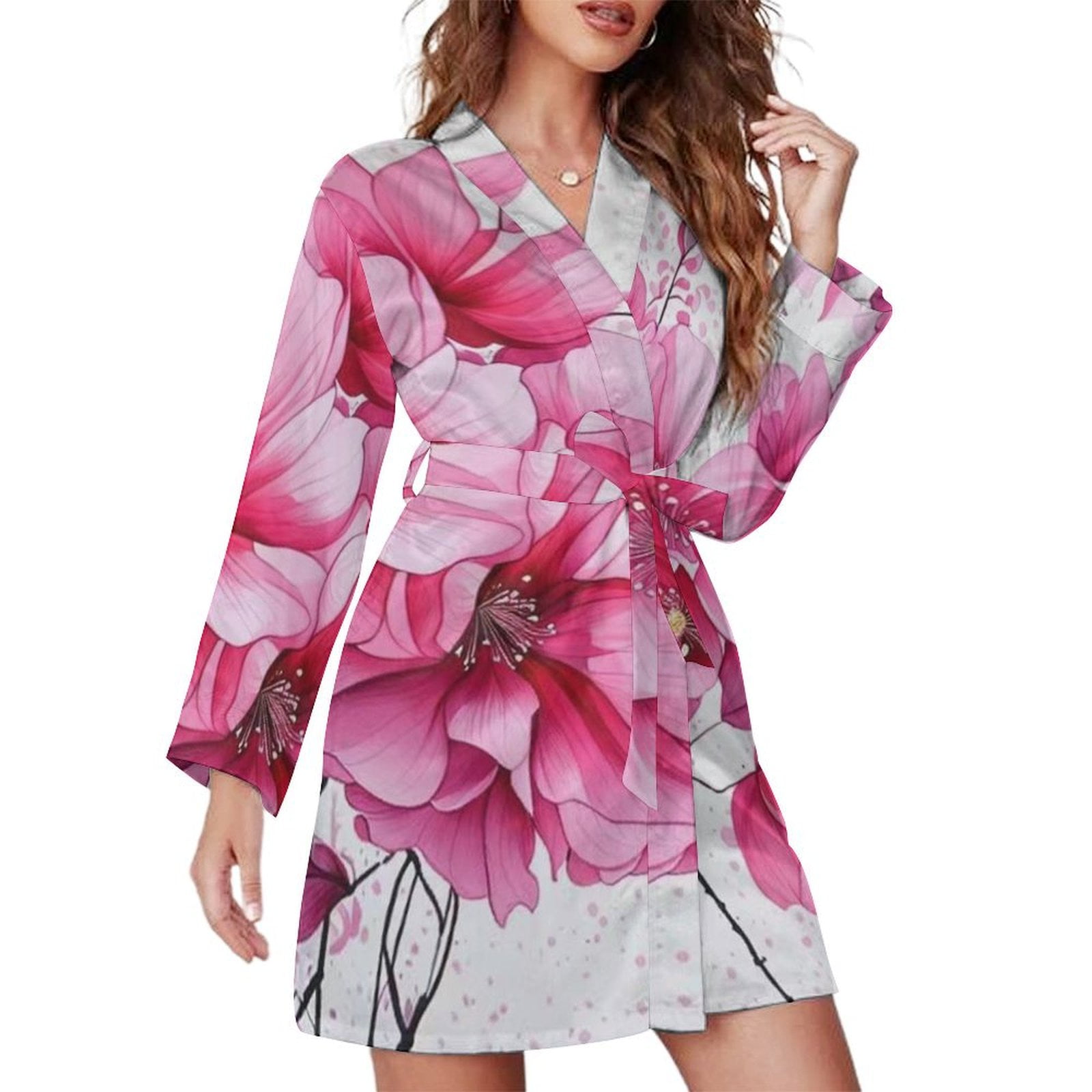 Pink Wildflowers (1) Night Robe Long Sleeve V Neck Robe With Belt Women ...