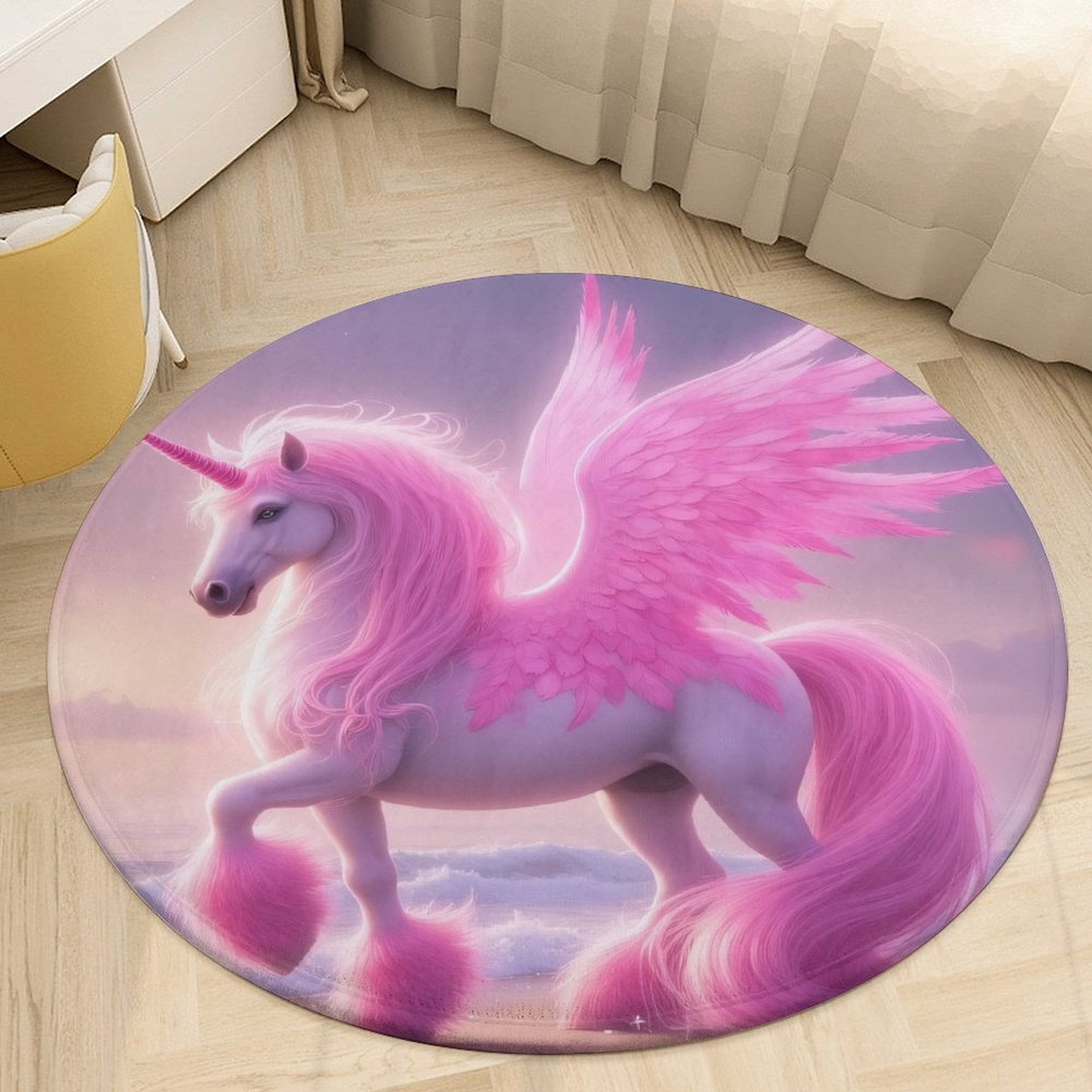 Pink Winged Unicorn Beach Fantasy Round Area Rugs for Bedroom Living ...