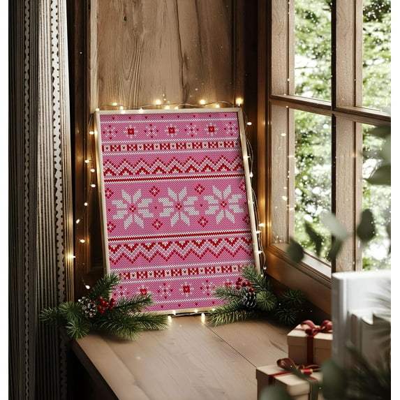 Pink Winter Festive Wall Art Print, Kitschy Winter Festive Snowflake ...