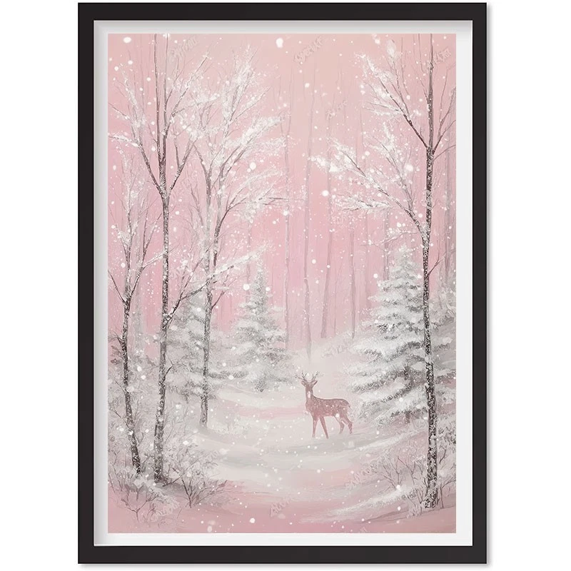 Pink Winter Forest Print, Snowy Christmas Trees Poster, Cute Reindeer ...
