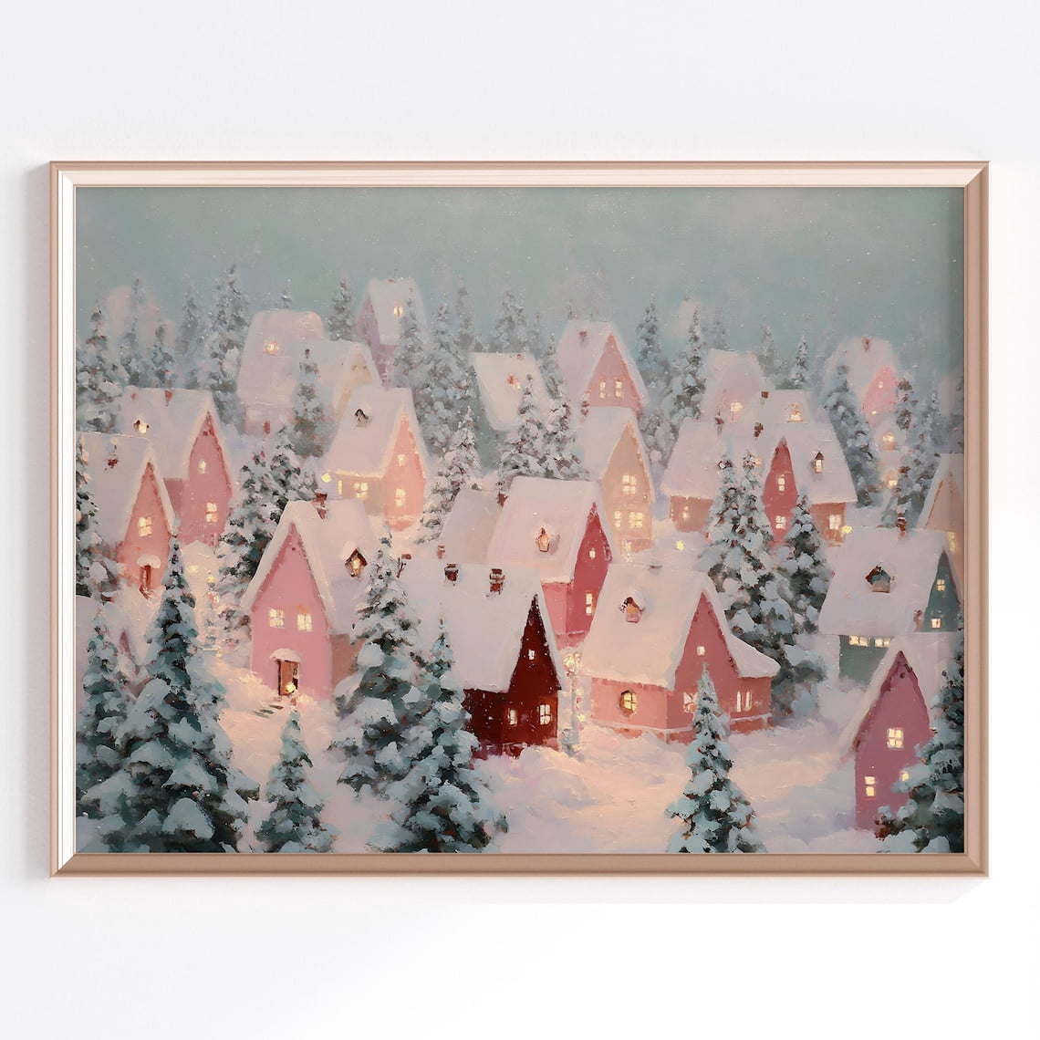 Pink Winter Village Winter Wall Art, Pastel Snowy Houses, Cozy ...