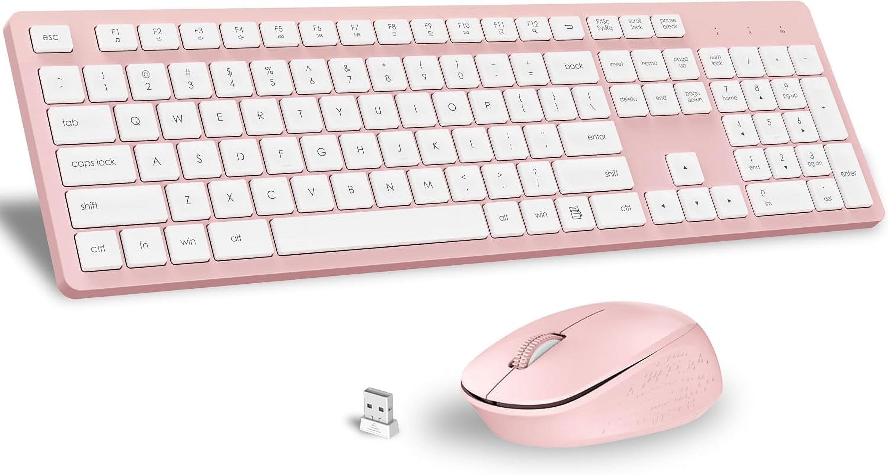 Pink Wireless Keyboard and Mouse Combo, Full-Sized Ergonomic Computer ...